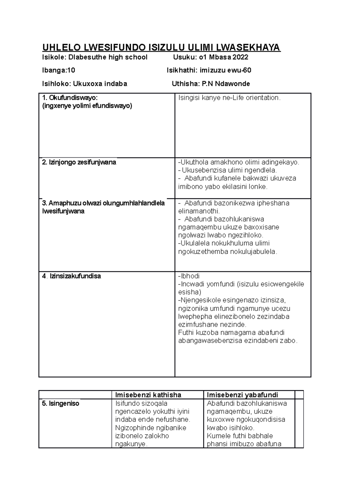 Lesson Plan jzl - UHLELO LWESIFUNDO ISIZULU ULIMI LWASEKHAYA Isikole ...