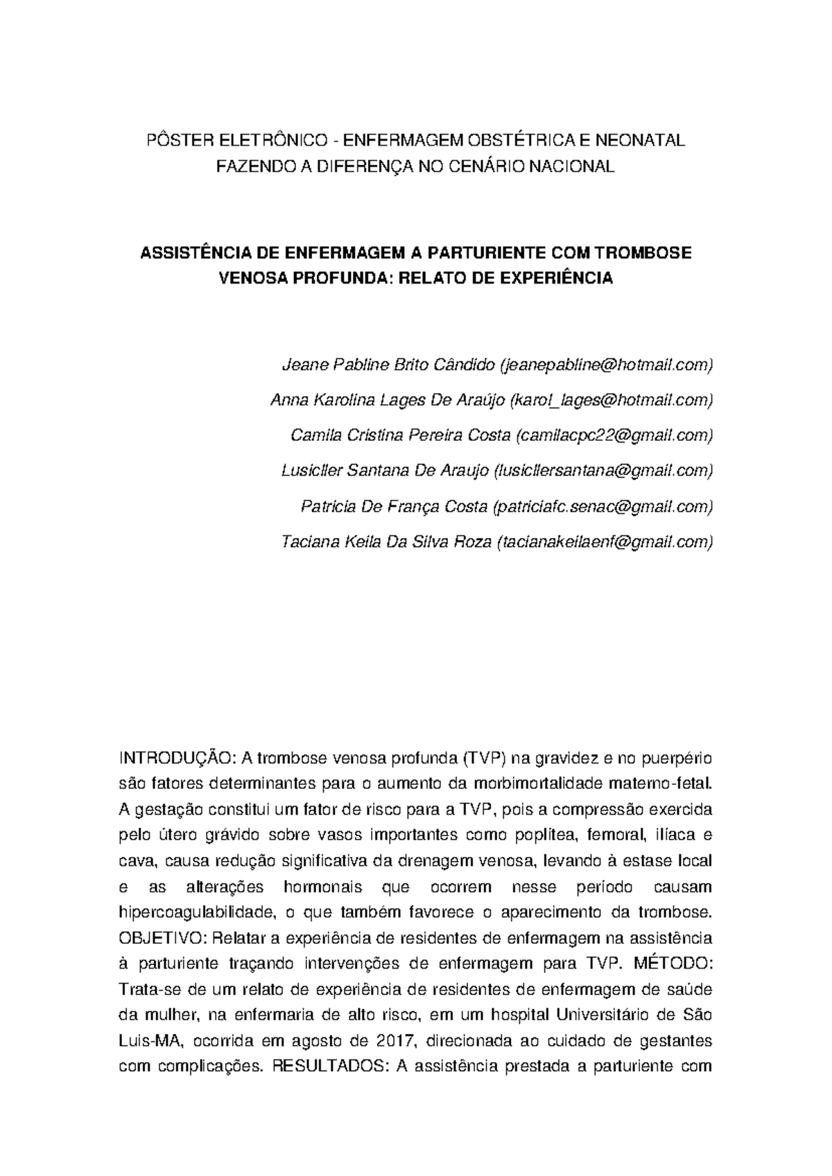 Parturiente COM Trombose Venosa Profunda - PÔSTER ELETRÔNICO ...