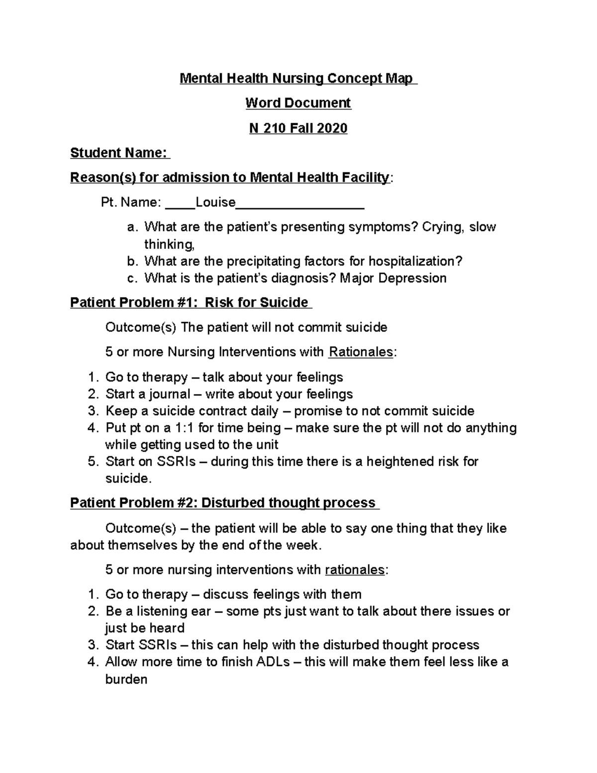 NURS 211 - Psych 2 - Mental Health Nursing Concept Map Word Document ...
