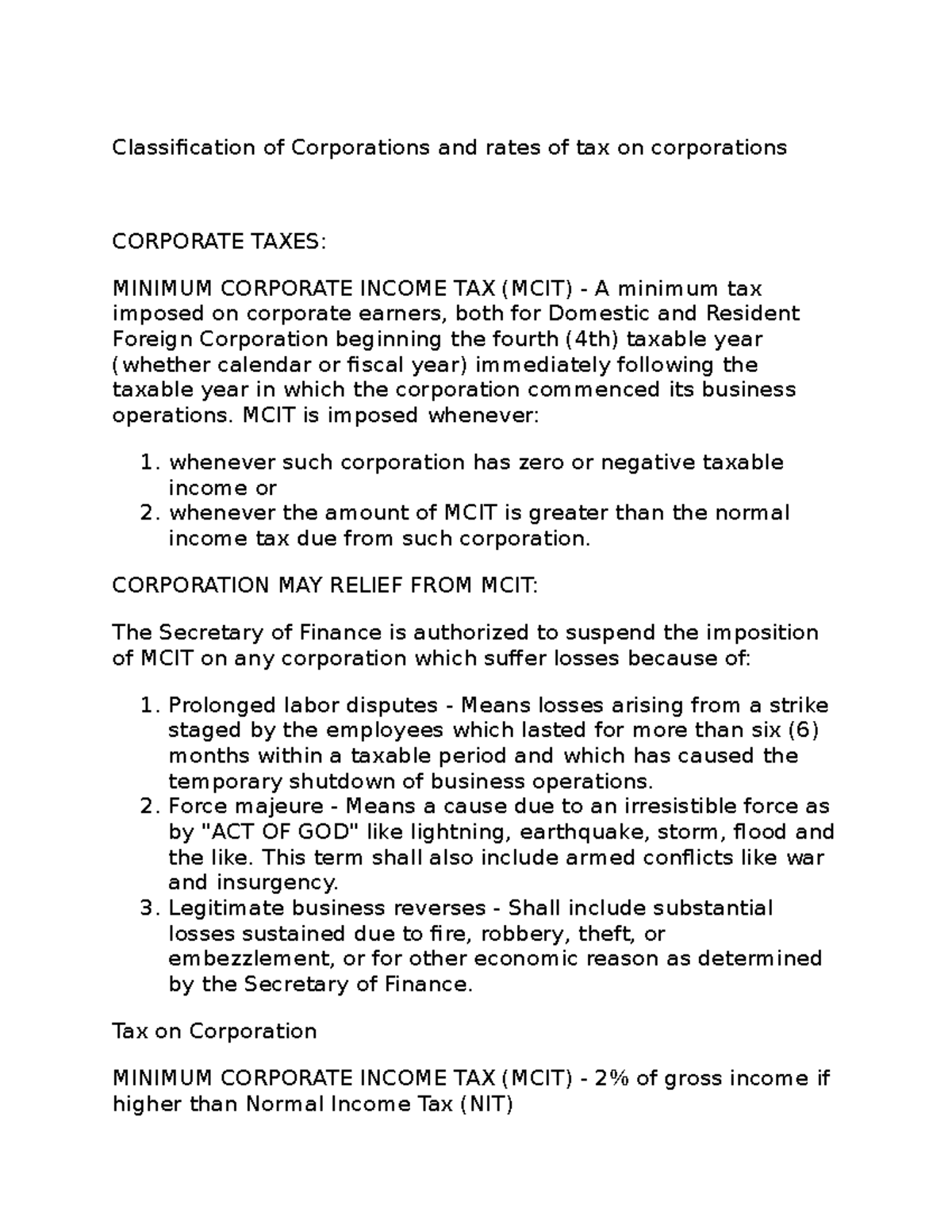 Lecture in taxation 3 - Classification of Corporations and rates of tax ...