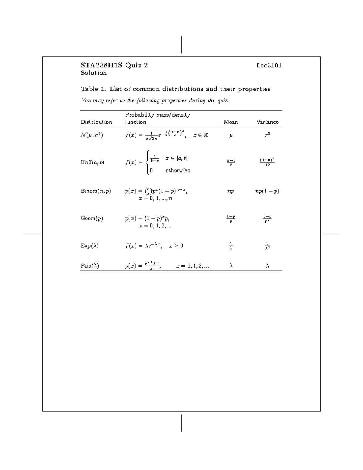 Quiz2C-solution - tutorial quiz - STA238H1S Quiz 2 Lec Solution Table 1. List of common - Studocu