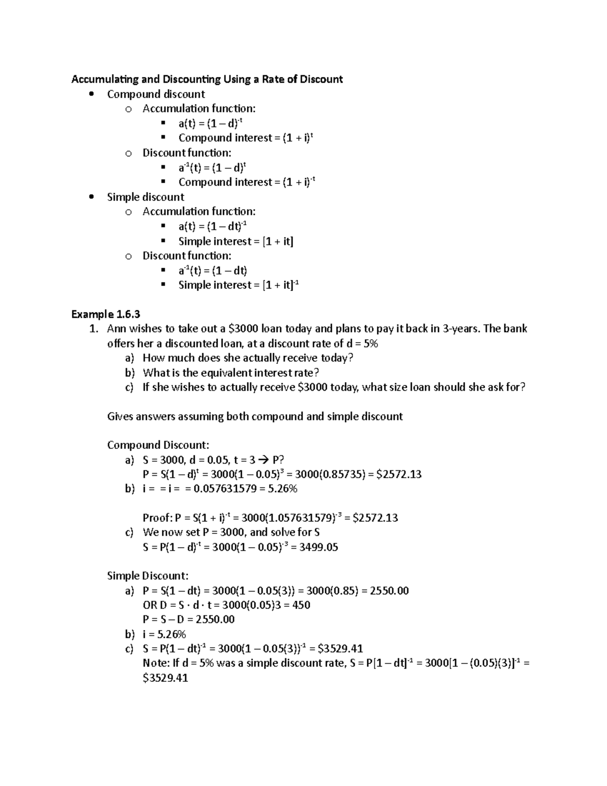 Accumulating and Discounting Using a Rate of Discount - 1. Ann wishes to take out a $3000 loan ...