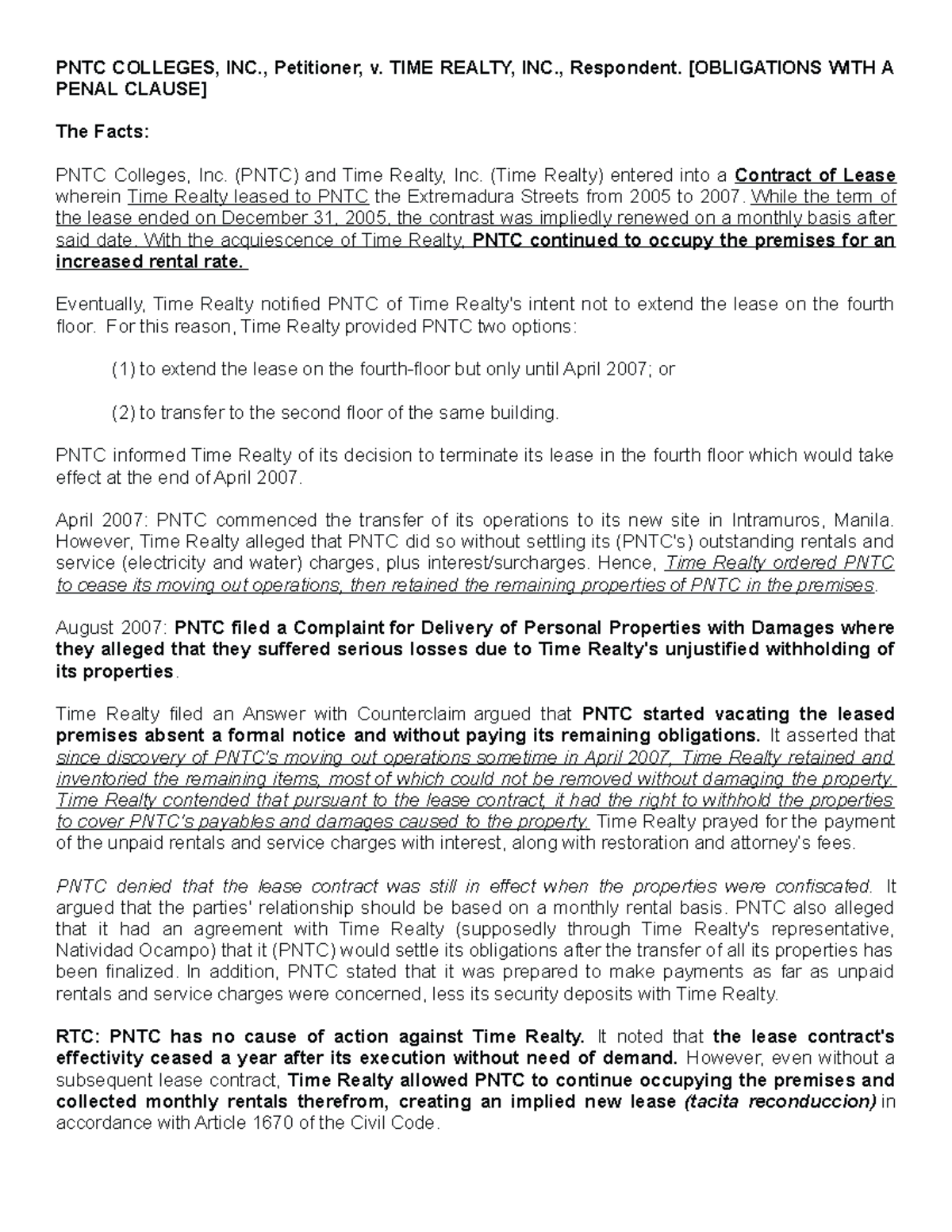 PNTC v Time REalty - Notes - PNTC COLLEGES, INC., Petitioner, v. TIME ...
