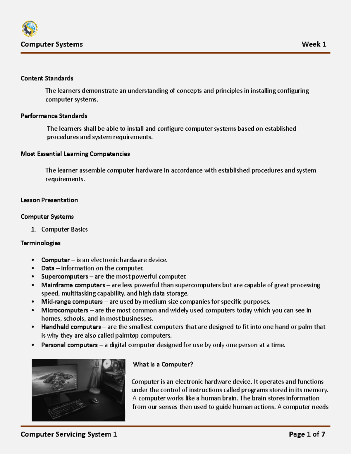 Week-1 - Sample Act - Content Standards The learners demonstrate an ...