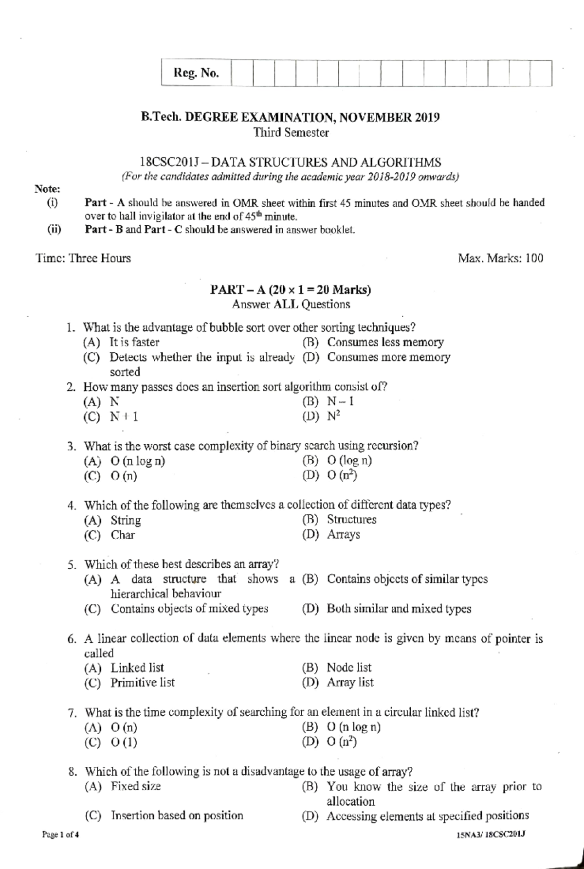 Third Semester DSA November 2k19 - Reg. No. I T B. DEGREE EXAMINATION ...