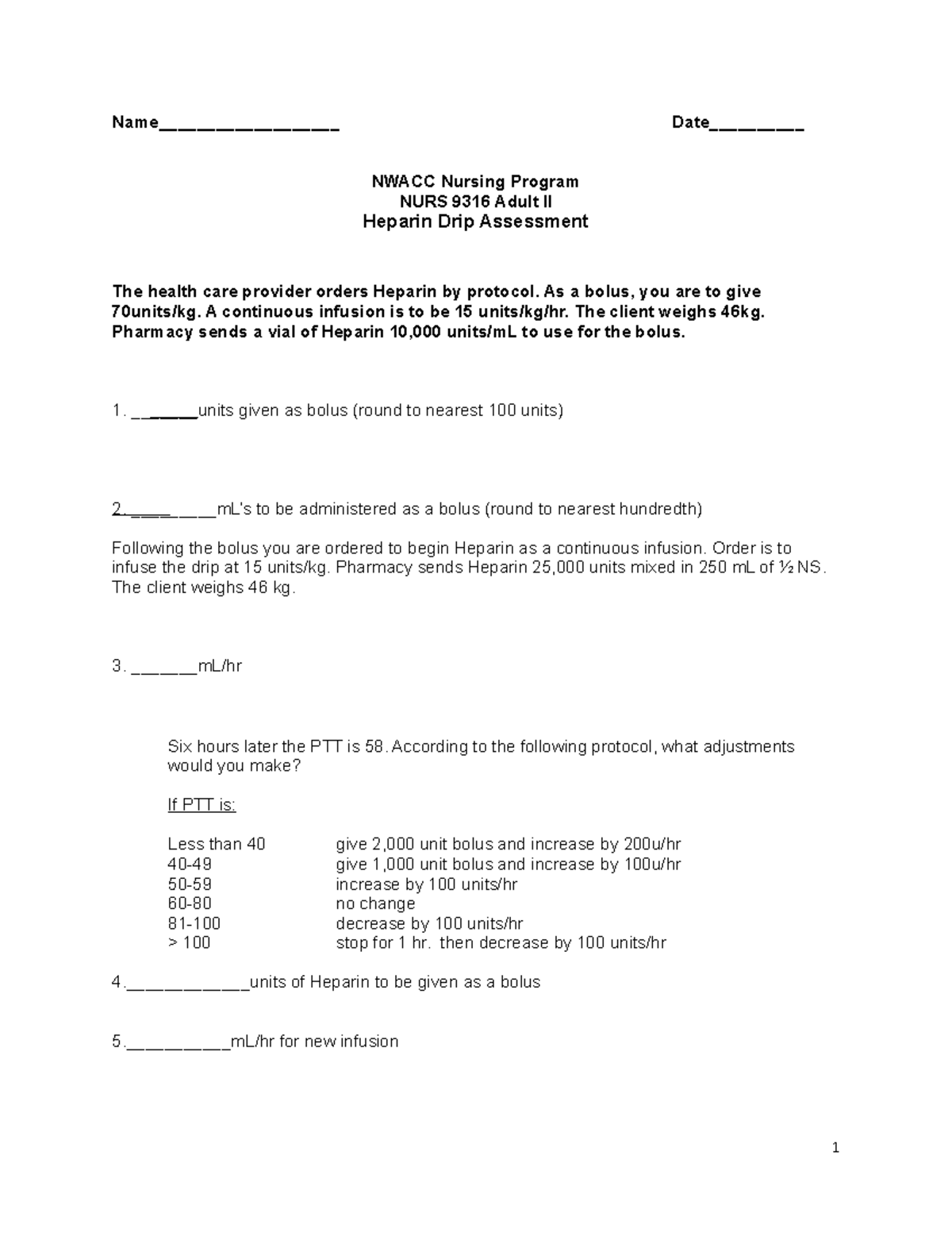 Adult 2 Practice Dosage Calculation Test-Heparin Calculations - Name