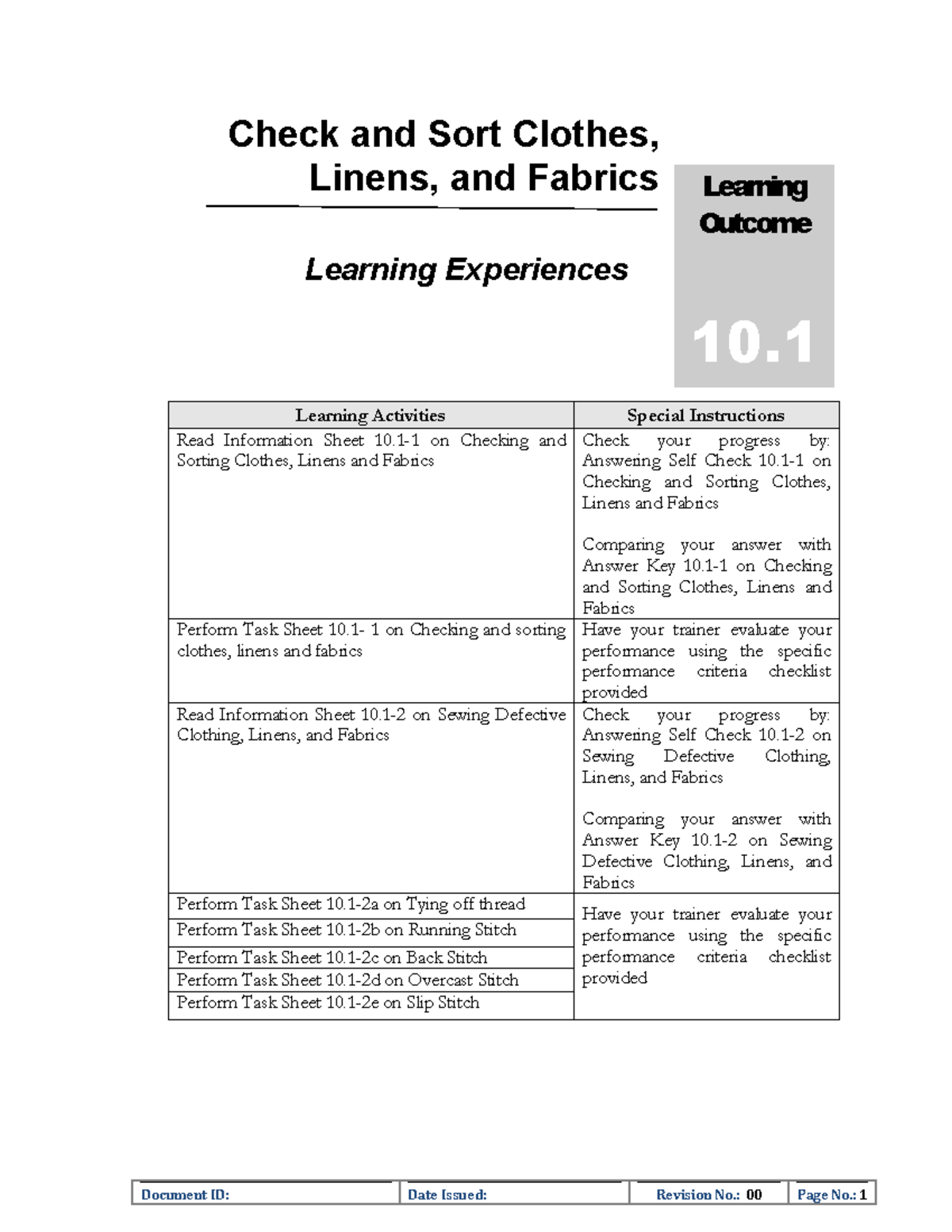 Sample Instruction Activity Sheet - Document ID: Date Issued: Revision ...