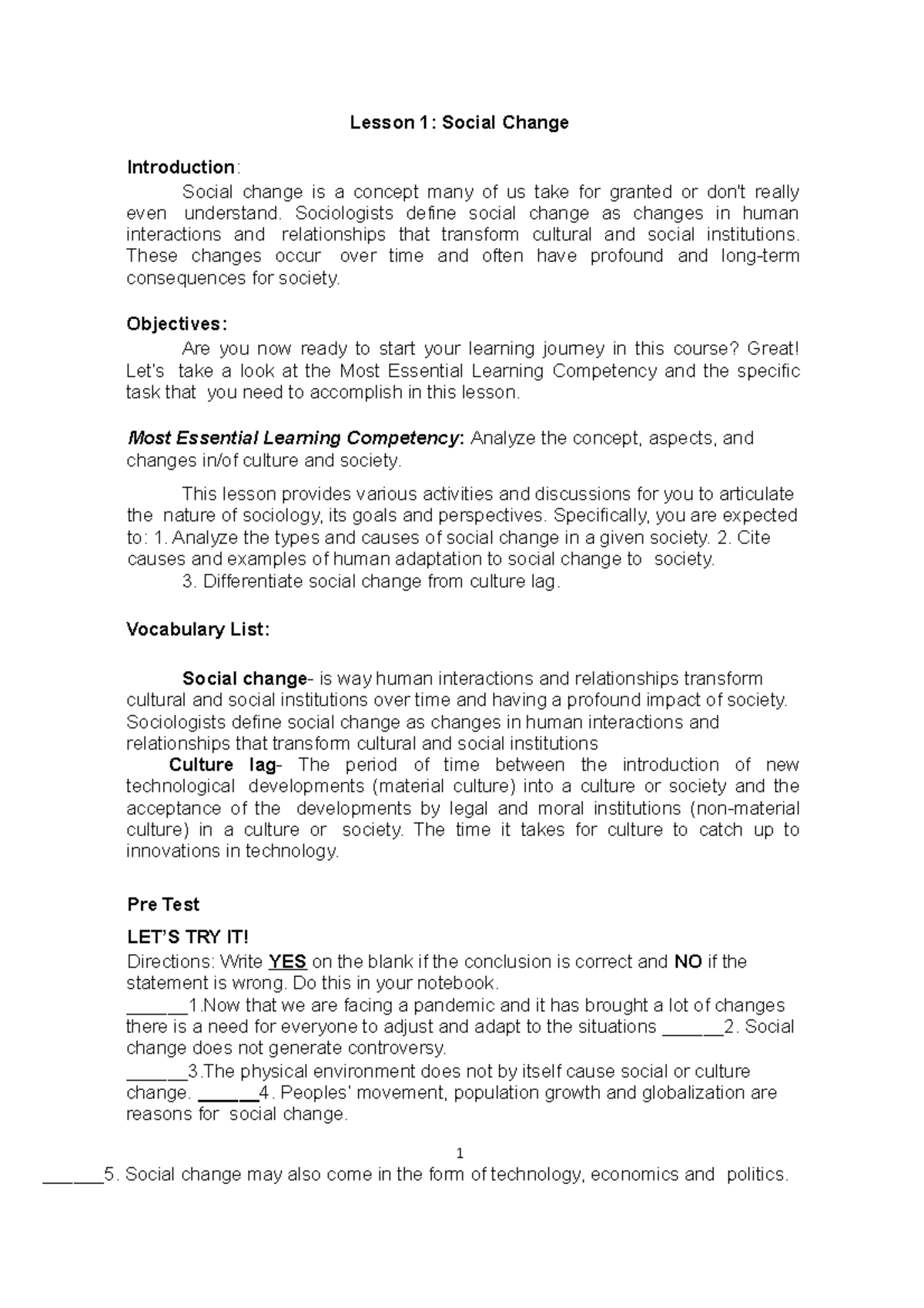 UCSP-M-1 - UCSP GRADE 11 MODULE 1 - Lesson 1: Social Change ...