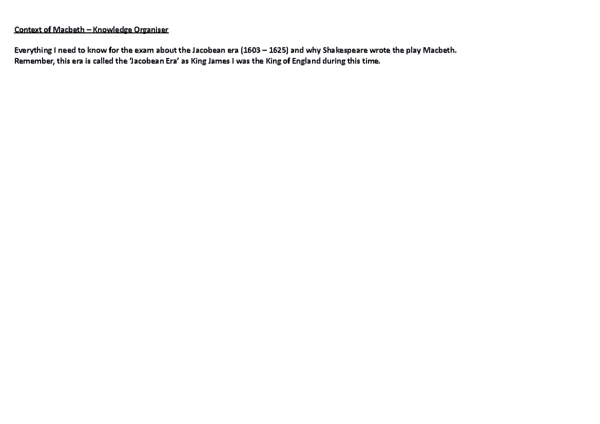 Macbeth context - Context of Macbeth – Knowledge Organiser Everything I need to know for the ...