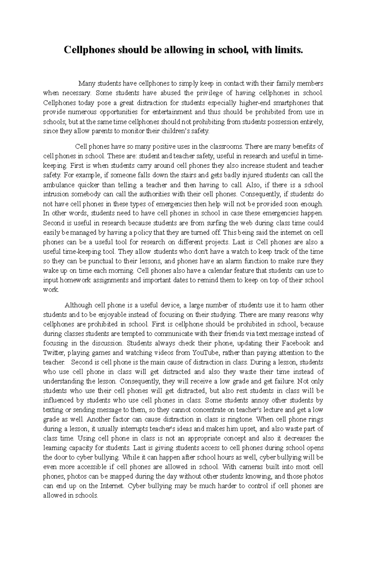 Cellphones essay - Grade: 10 - Cellphones should be allowing in school ...