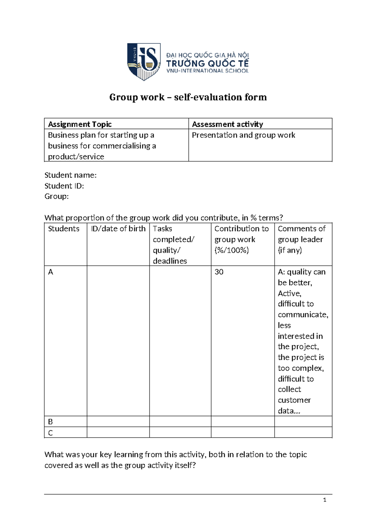 Self-evaluation form - Entrepreneurship - Group work – self-evaluation ...