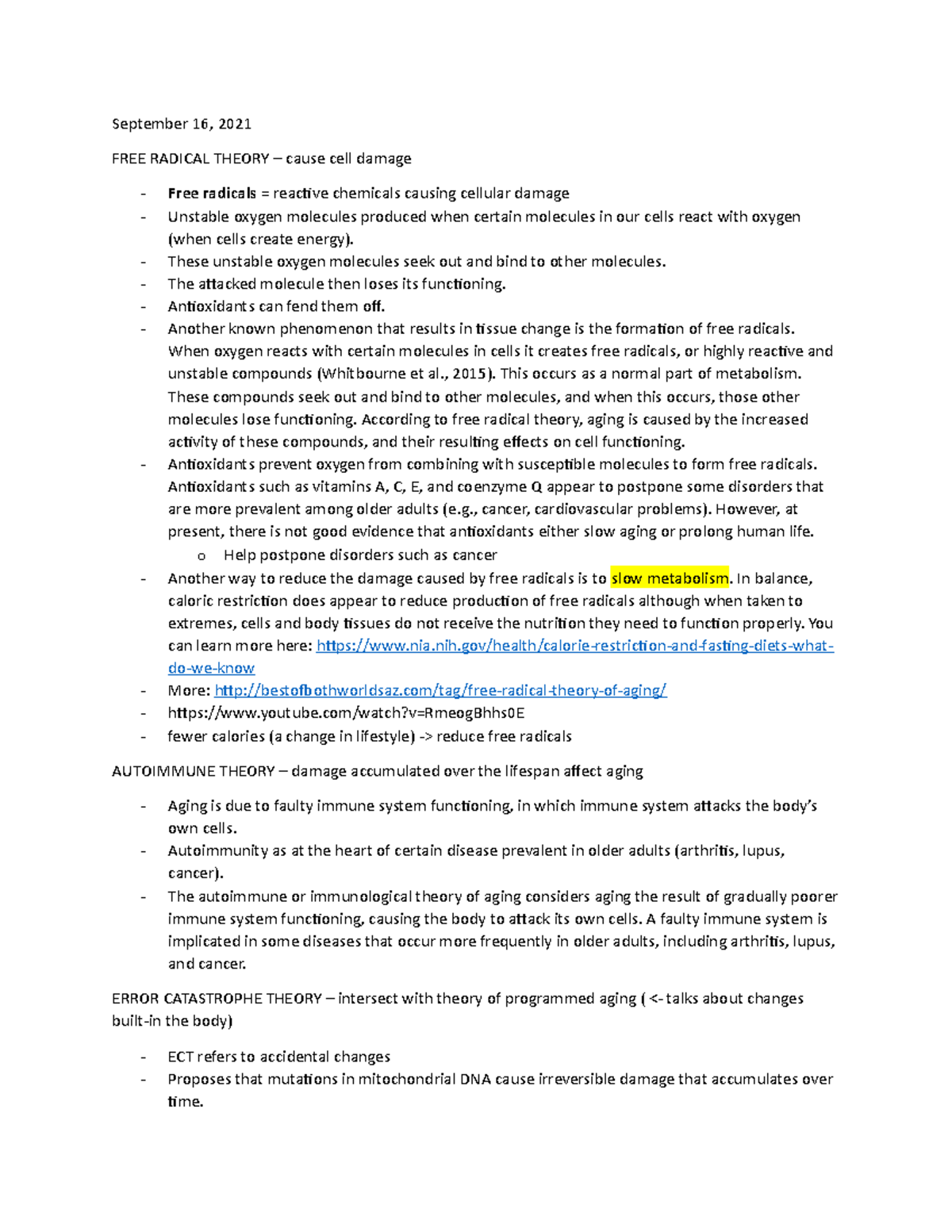September 16 - free radical theory, autoimmune theory, error ...