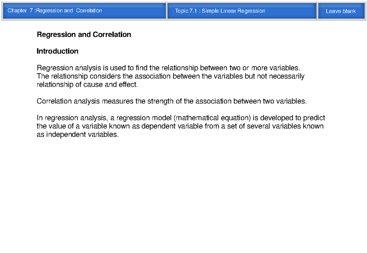 Chap7 QMT500 - Regression and Correlation Introduction Regression ...