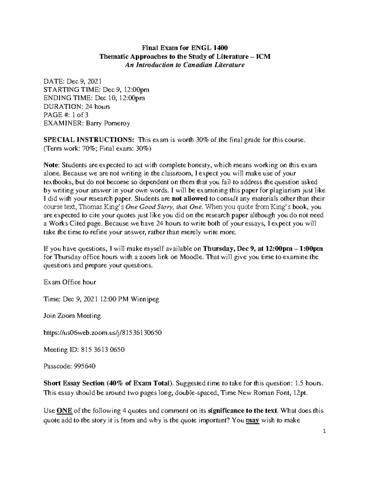 Final Exam for Engl 1400 Dec 9 2021 Pomeroy - Final Exam for ENGL 1400 ...
