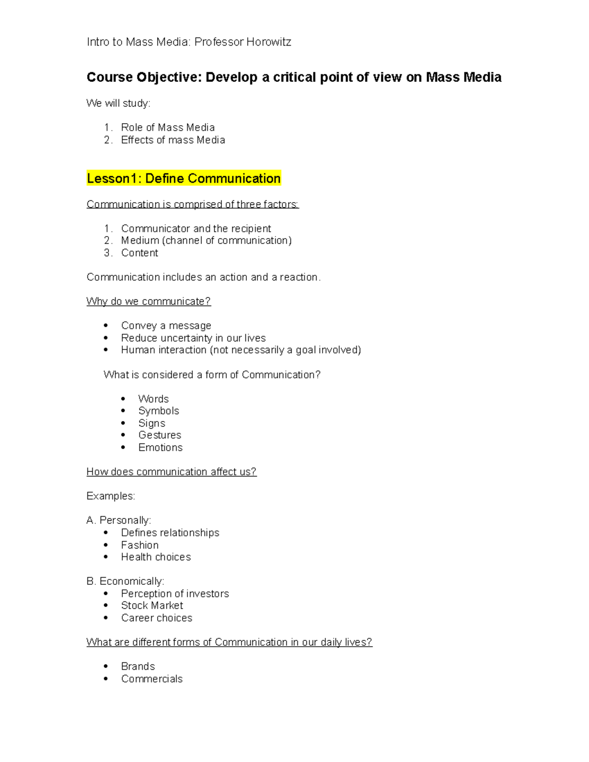 Intro to Mass Communication Class Notes - Intro to Mass Media ...