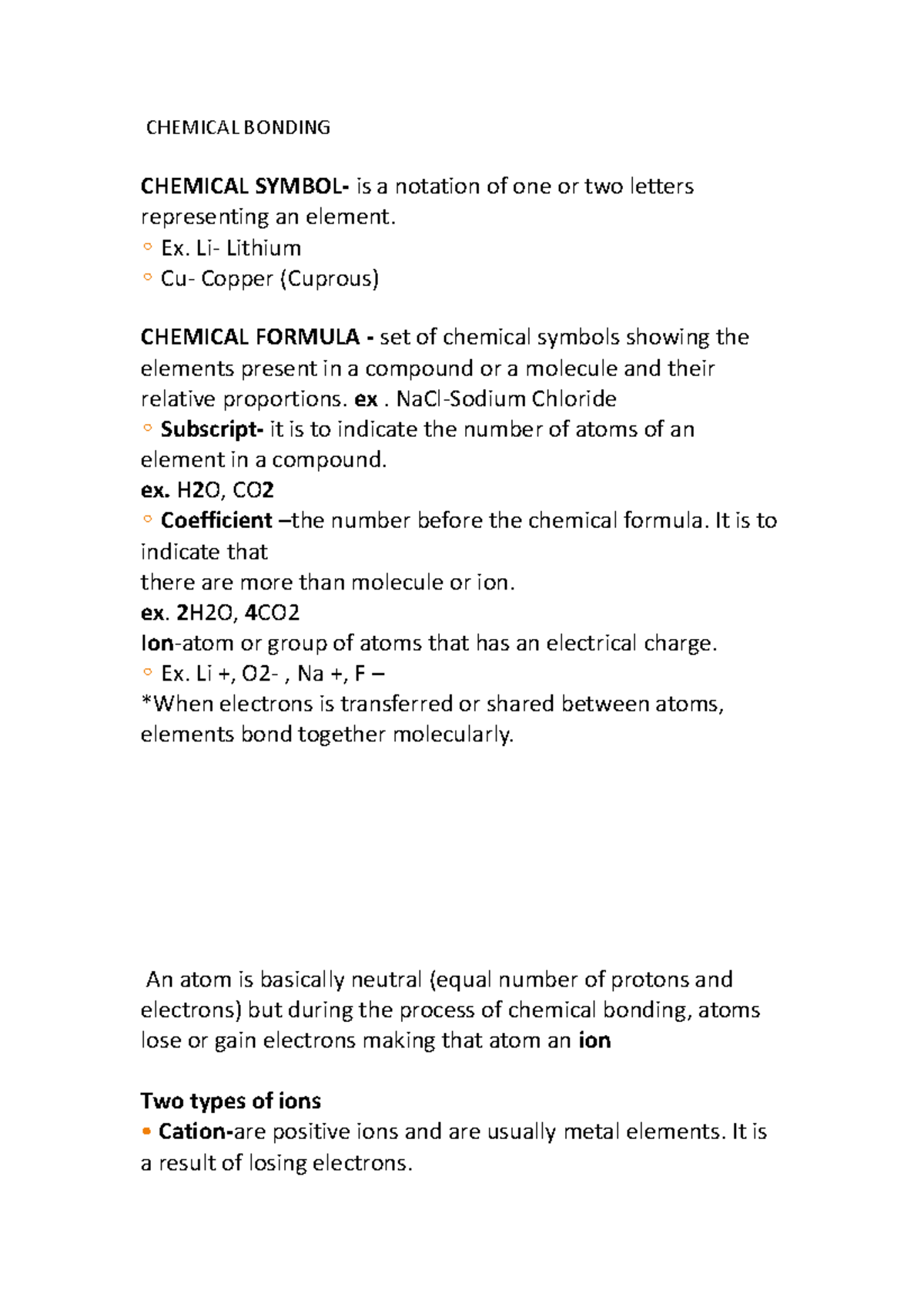 Chemical Bonding Reviewer - CHEMICAL BONDING CHEMICAL SYMBOL- is a ...