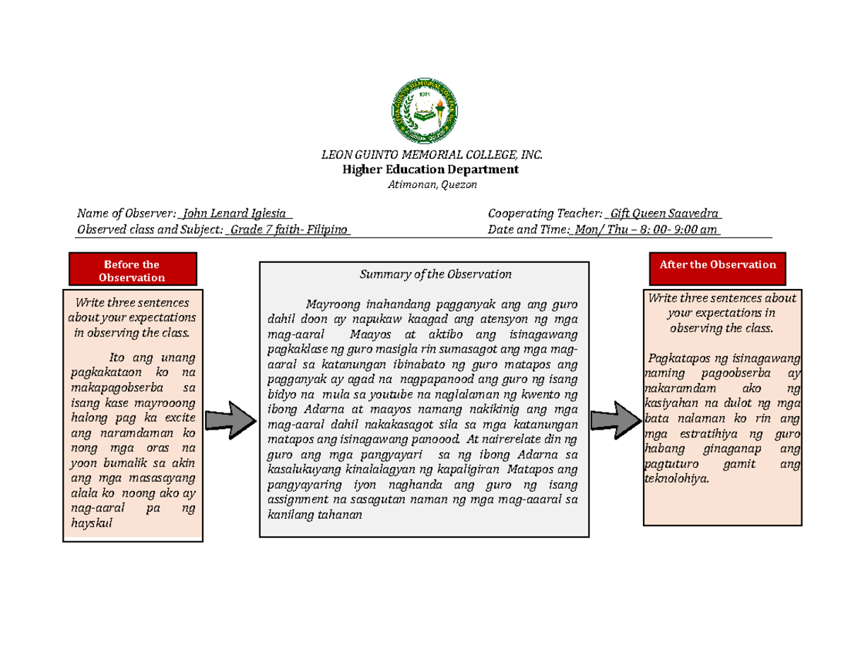 Obervation Sheet FS 1 - observation shit - LEON GUINTO MEMORIAL COLLEGE ...