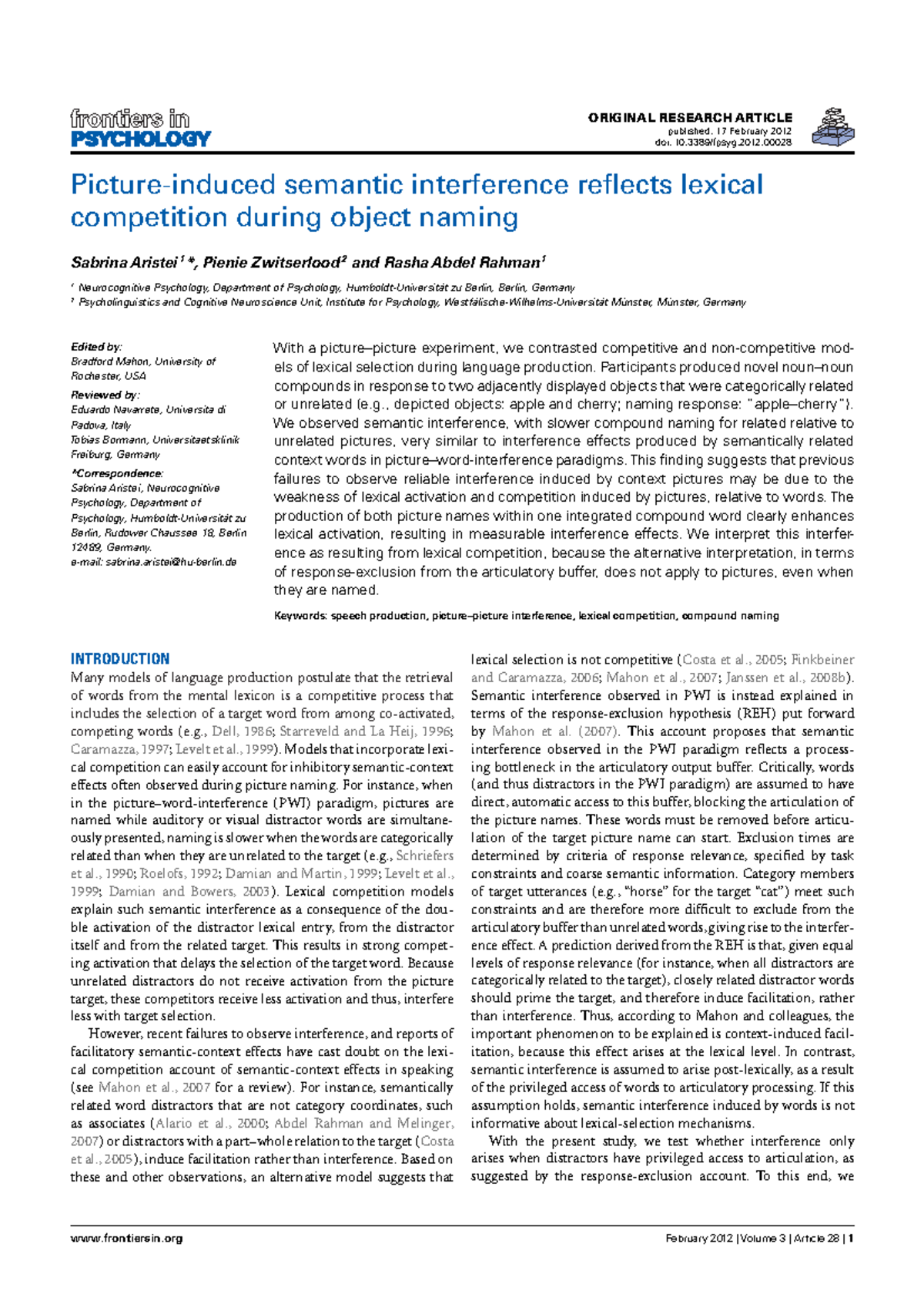 Picture Induced Semantic Interference Re - ORIGINAL RESEARCH ARTICLE published: 17 February 2012 ...