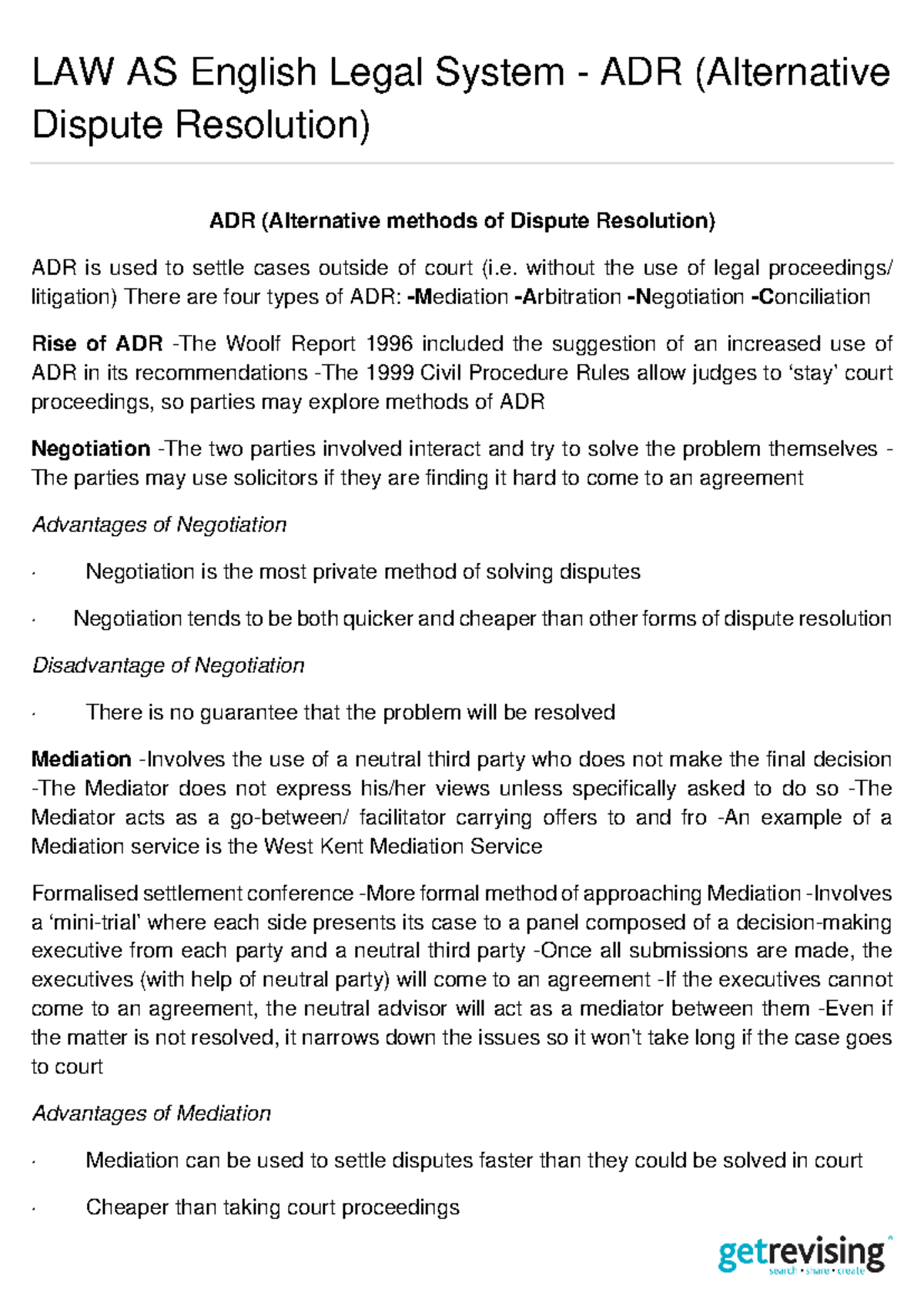 ADR-Notes-1dvrkgj - Good - LAW AS English Legal System - ADR ...