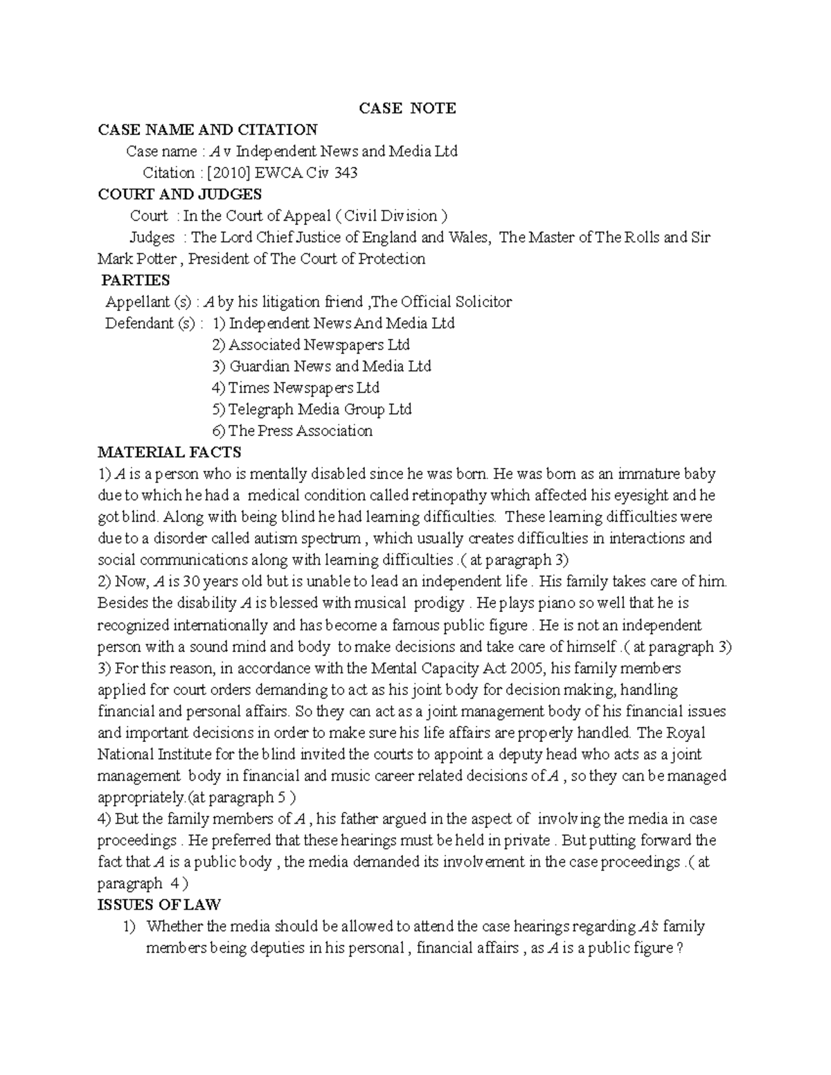 Case note LSM 1 - CASE NOTE CASE NAME AND CITATION Case name : A v ...