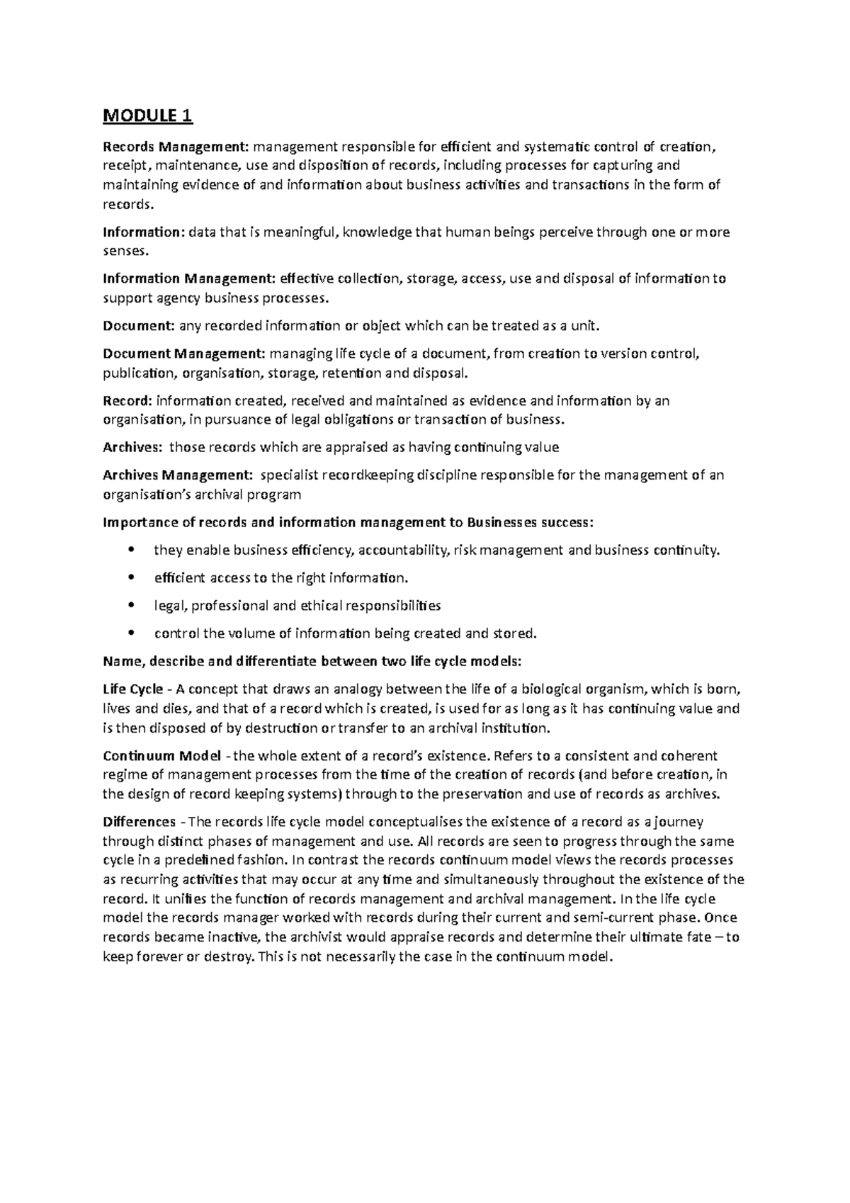 Summary complete Modules 1-11.docx - MODULE 1 Records Management ...