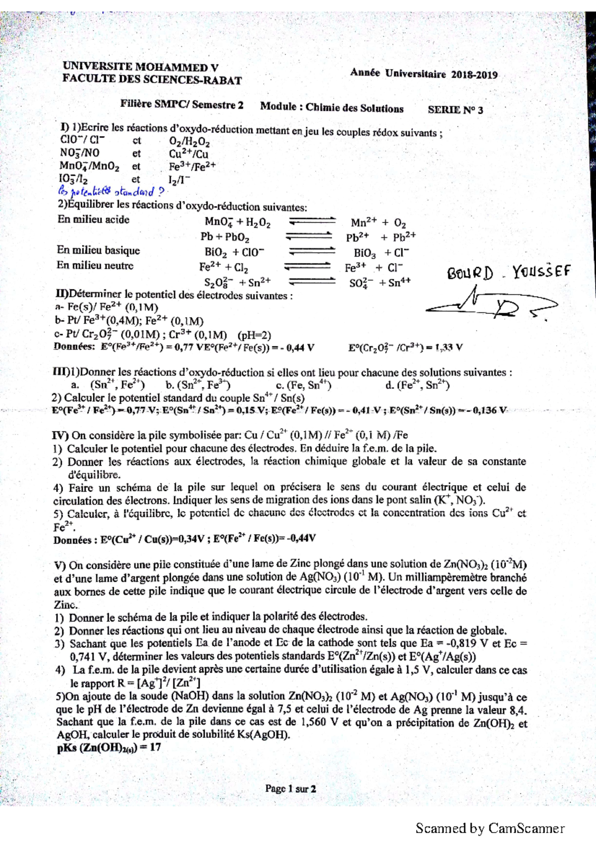 Chimie Des Solutions Sérié 3 Correction Part1 - Chimie Générale - Studocu