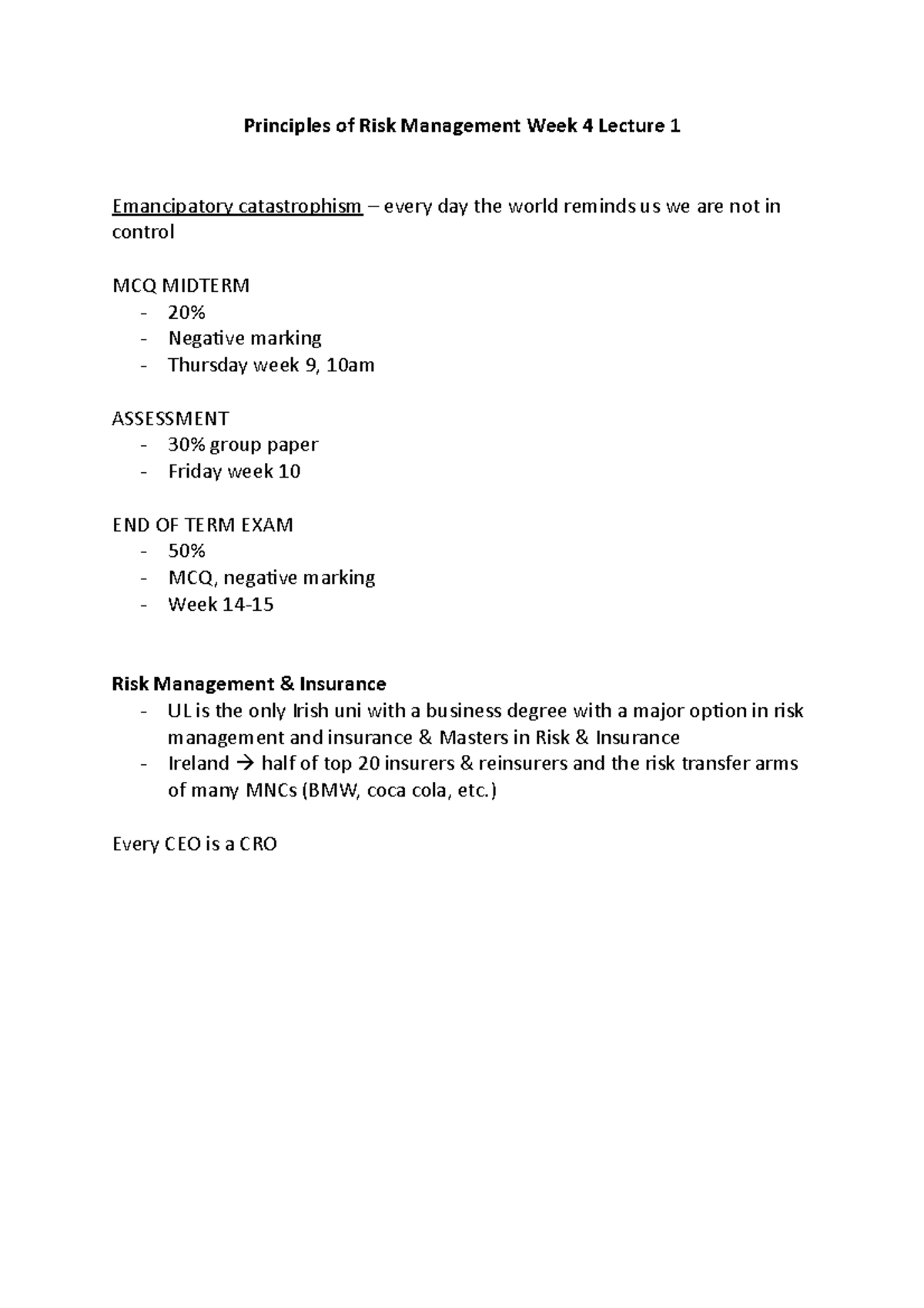 Principles of Risk Management Week 4 Lecture 1 - Principles of Risk ...