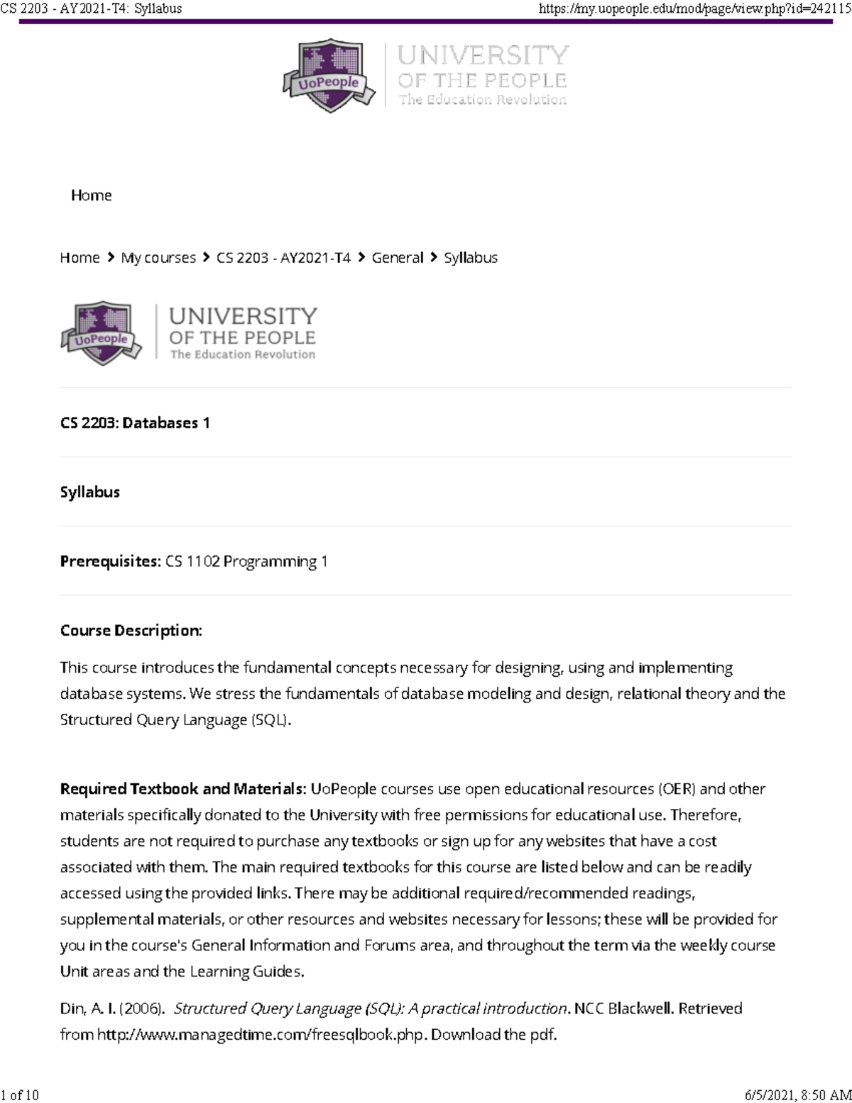 CS 2203 - AY2021-T4 Syllabus - Home CS 2203: Databases 1 Syllabus ...