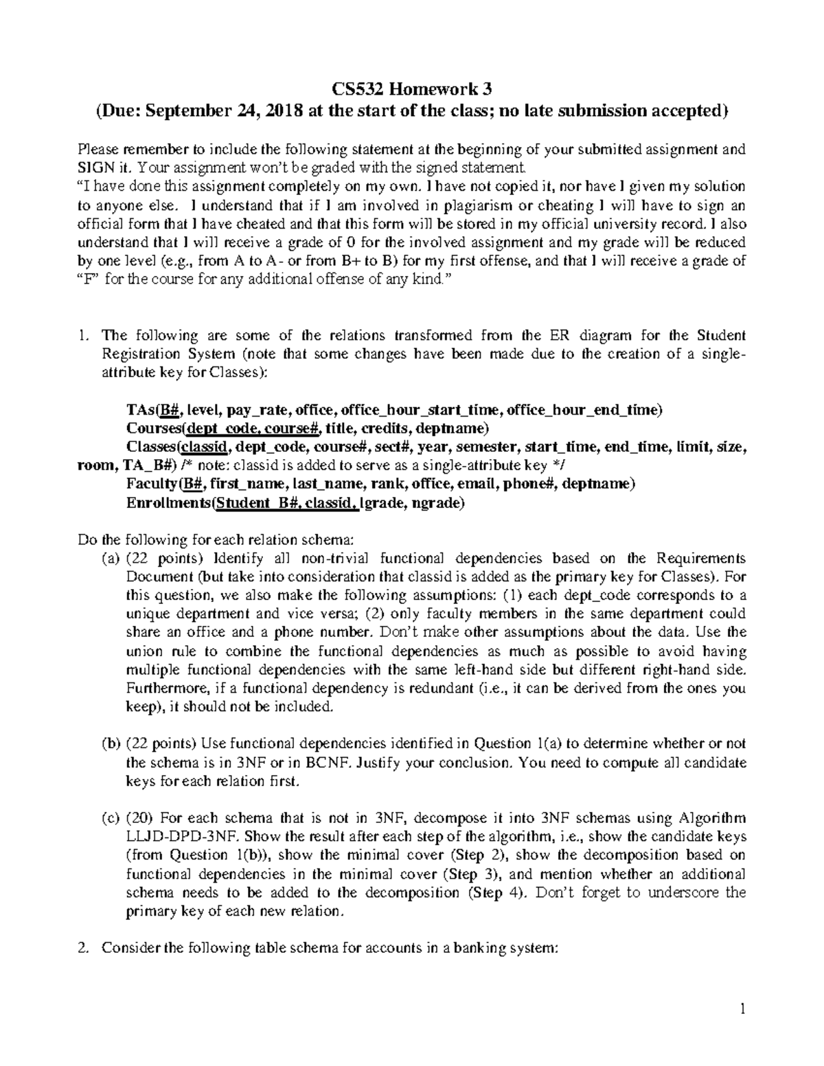 Home Work 3 Questions Homework Assignment 3 Datatabase System Under Professor Kd Kang 1