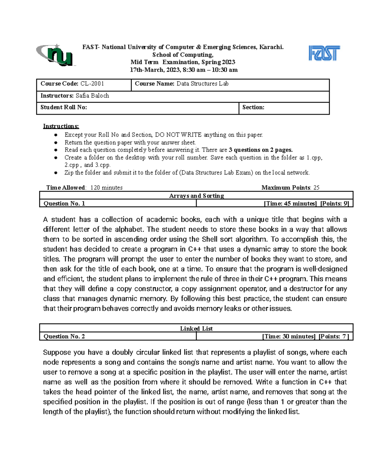 DS Lab Mid B - Past paper - FAST- National University of Computer ...