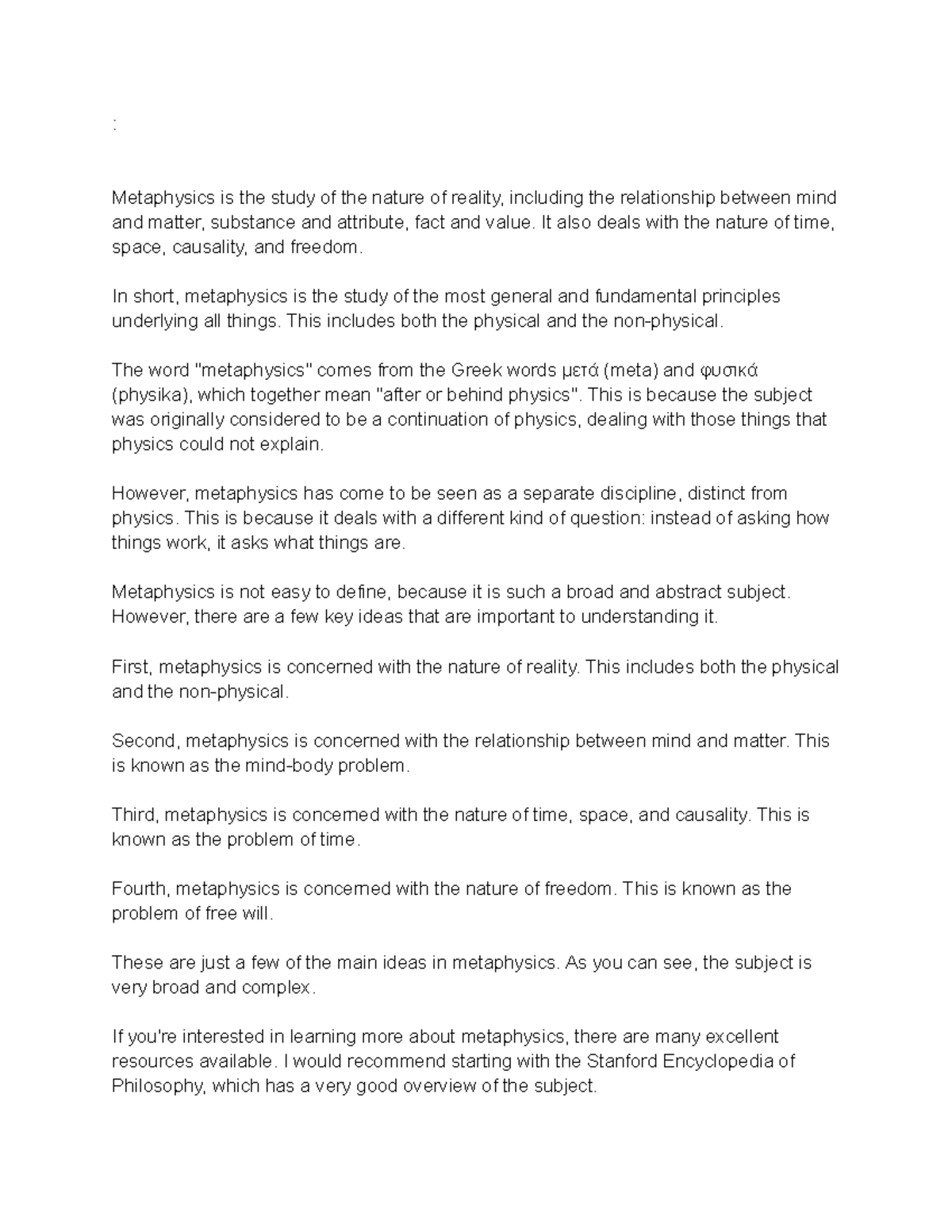 Modern philosophy course outline part 1 - : Metaphysics is the study of ...