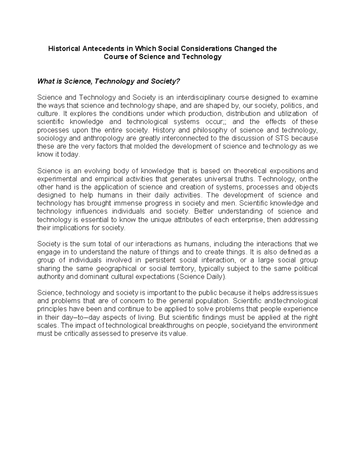 Midterms STS - Science, Technology, and Society Notes - Historical ...