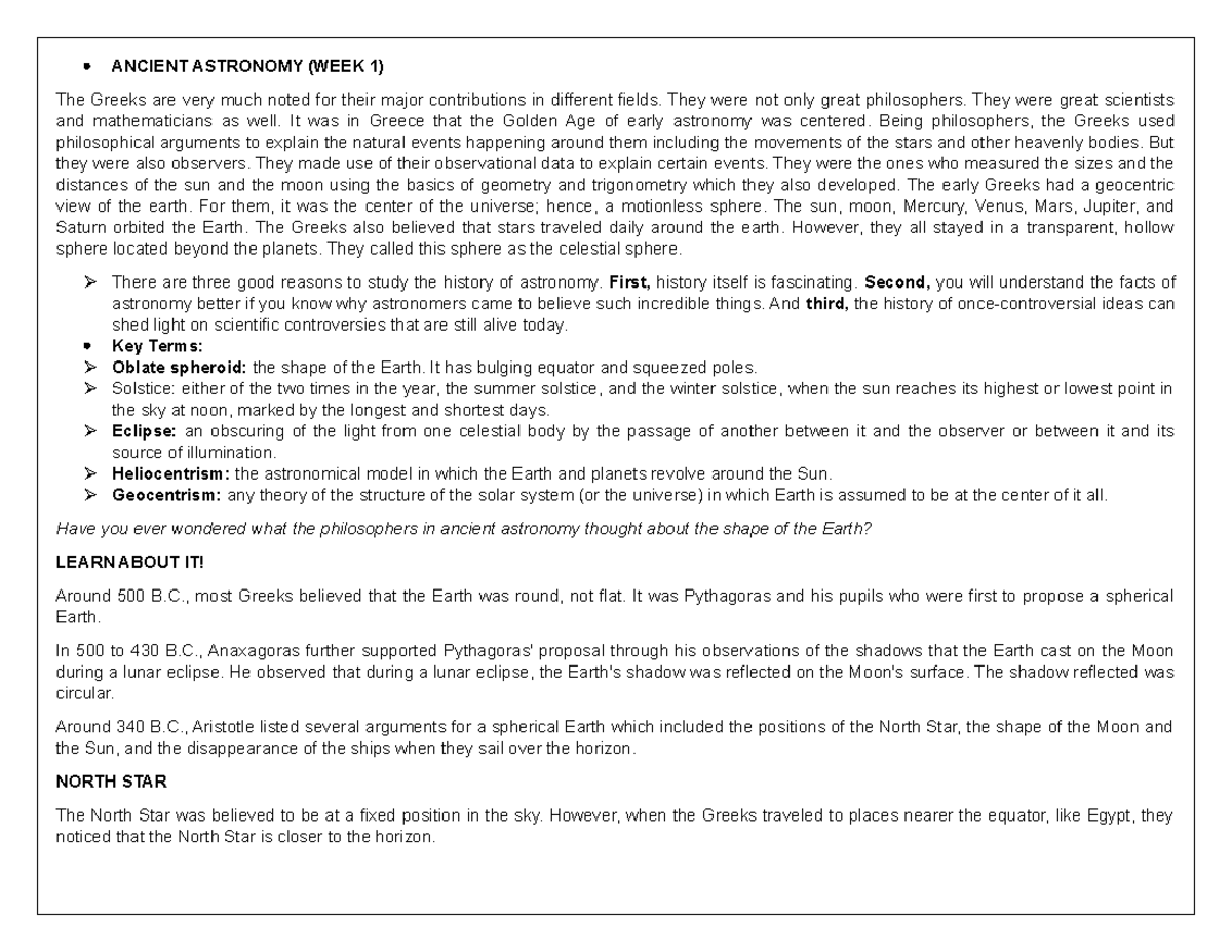 Physical Science WEEK 1 Notes - ANCIENT ASTRONOMY (WEEK 1) The Greeks ...