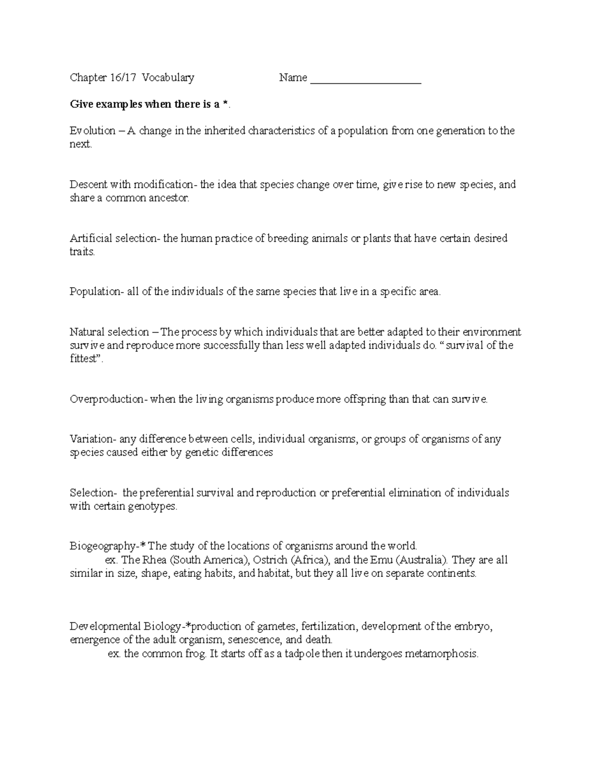 Evolution Vocabulary - Chapter 16/17 Vocabulary Name ...