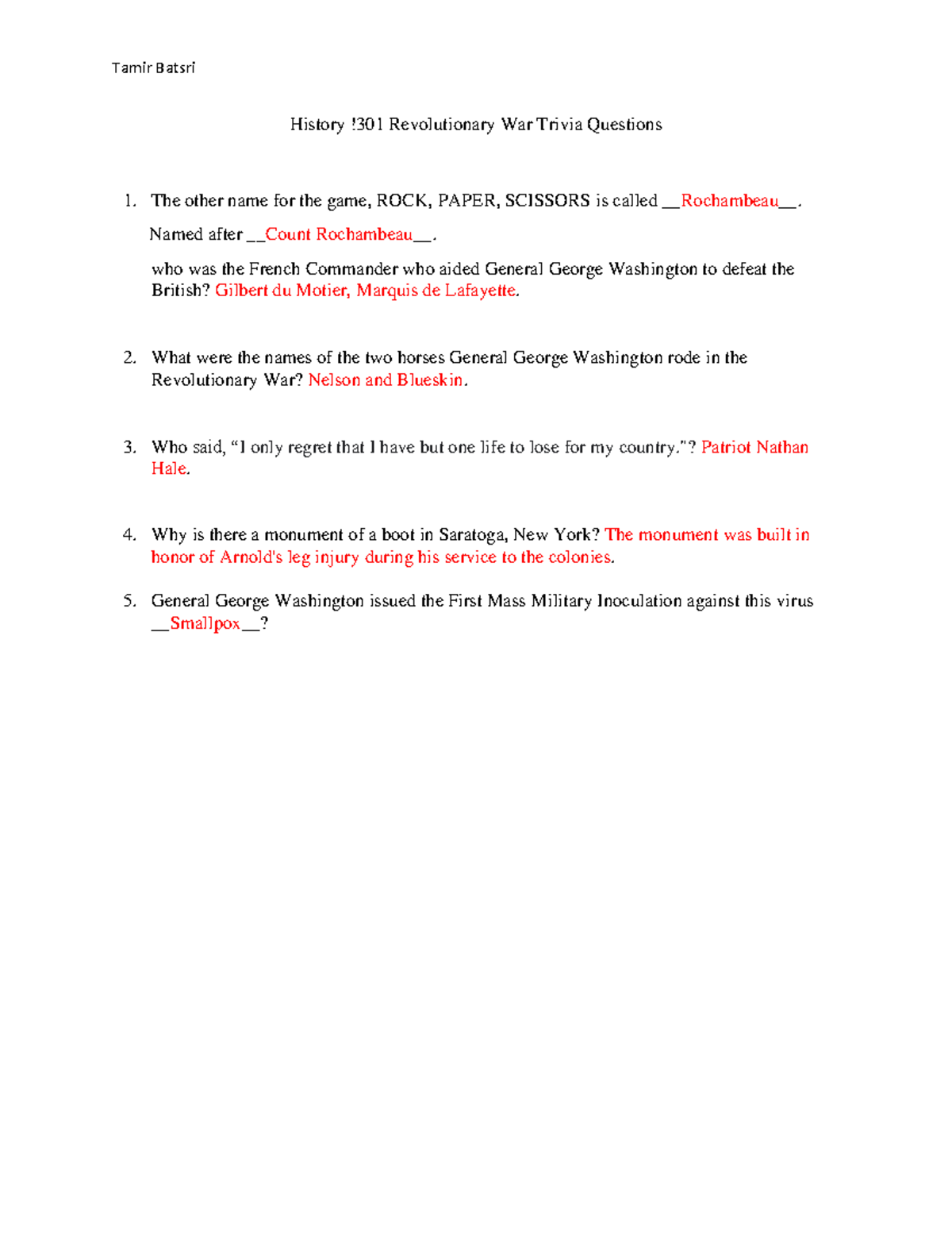 Hist 1301 Revolutionary War Trivia - Tamir Batsri History !301 ...