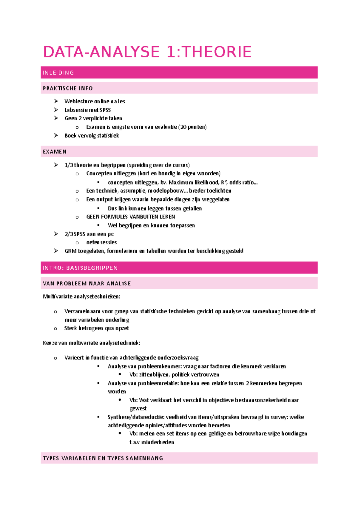 Data-analyse 1 - Samenvatting - DATA-ANALYSE 1:THEORIE INLEIDING PRAKTISCHE INFO Weblecture ...