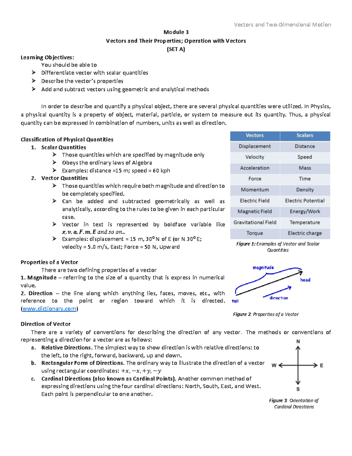 PHY03 Module 3 Set A-Vectors and Their Properties; Operation with ...