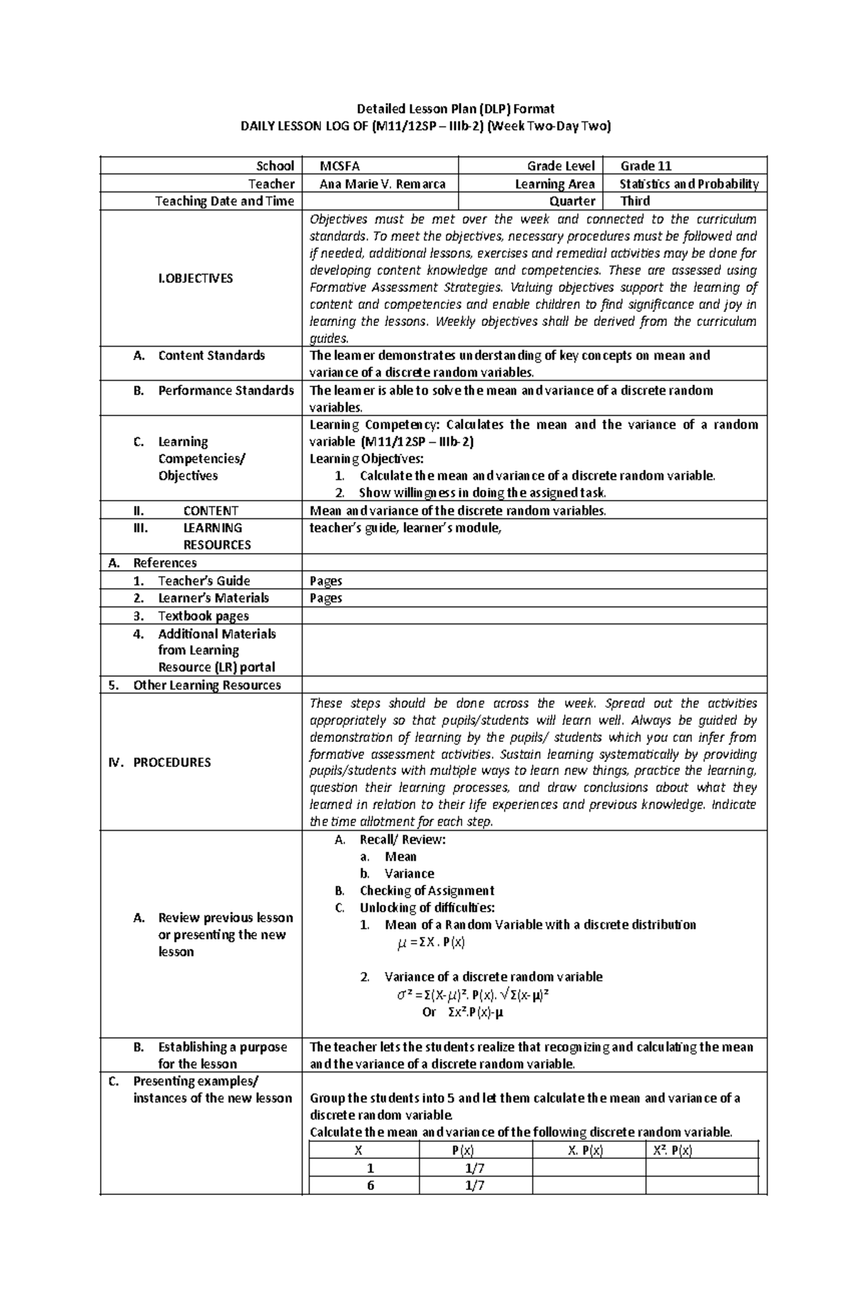 Document - Detailed Lesson Plan (DLP) Format DAILY LESSON LOG OF (M11 ...