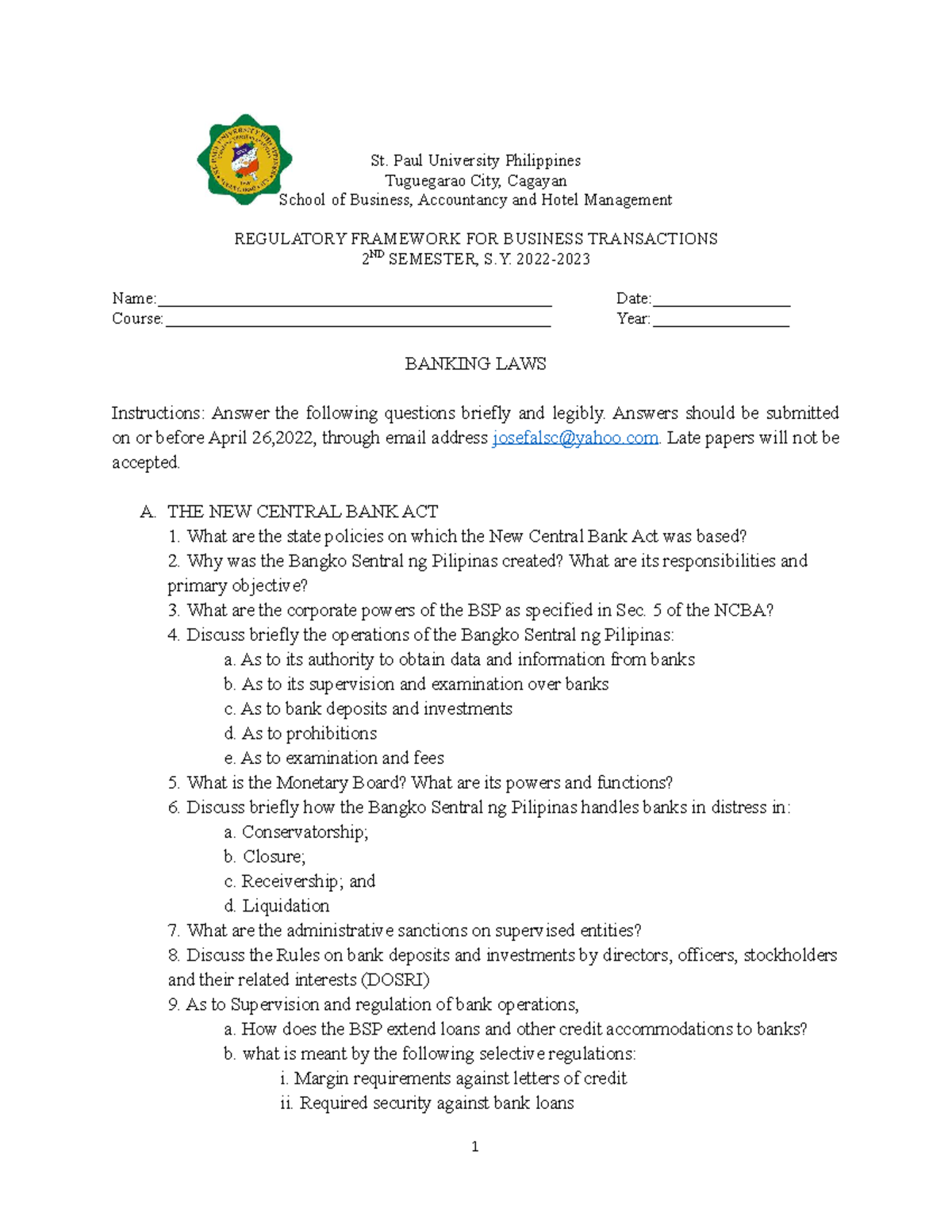 Banking-Laws-Activity - St. Paul University Philippines Tuguegarao City ...