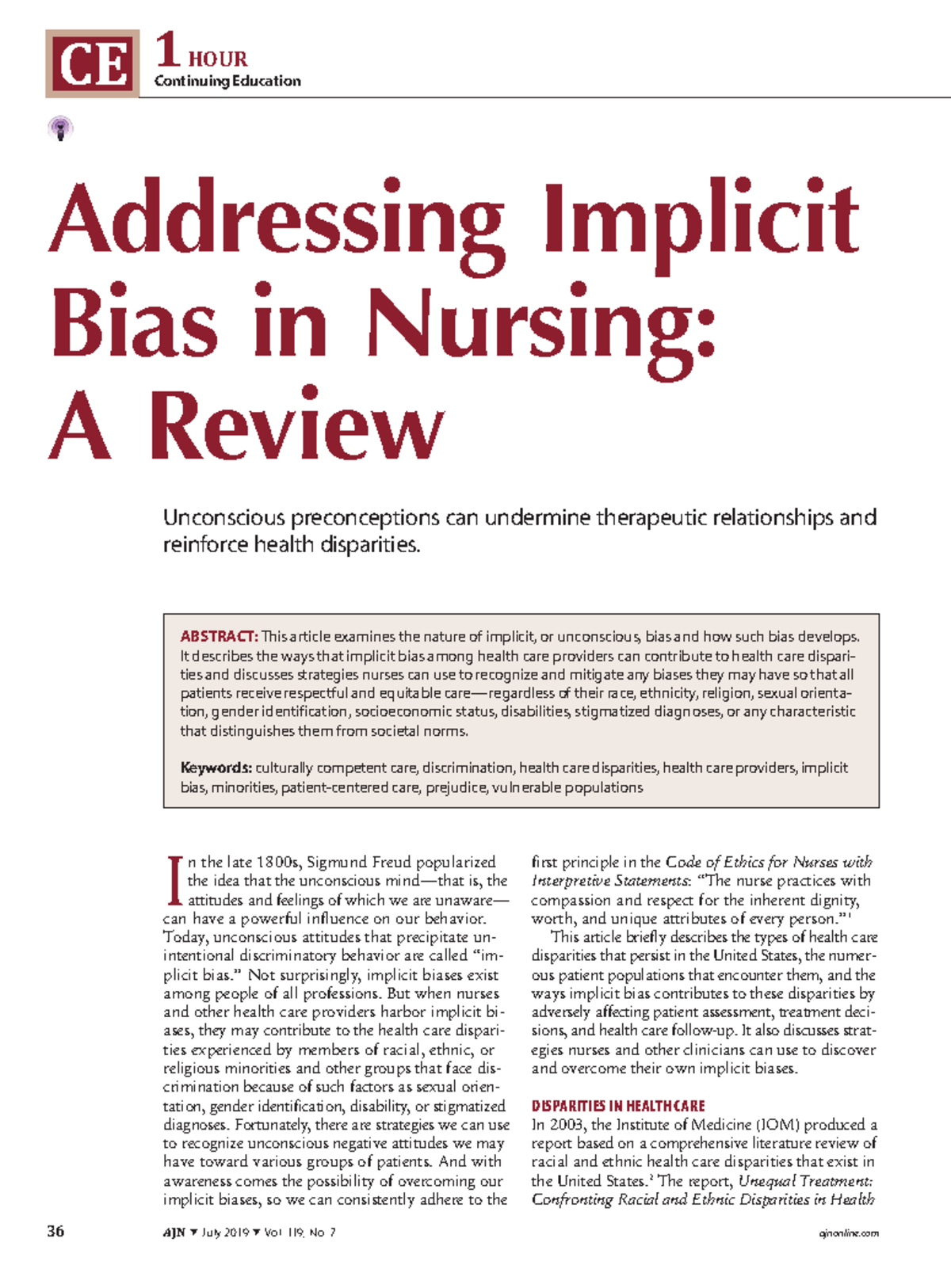 Implicit Bias Article - 36 A JN July 2019 Vol. 119, No. 7 ajnonline CE ...