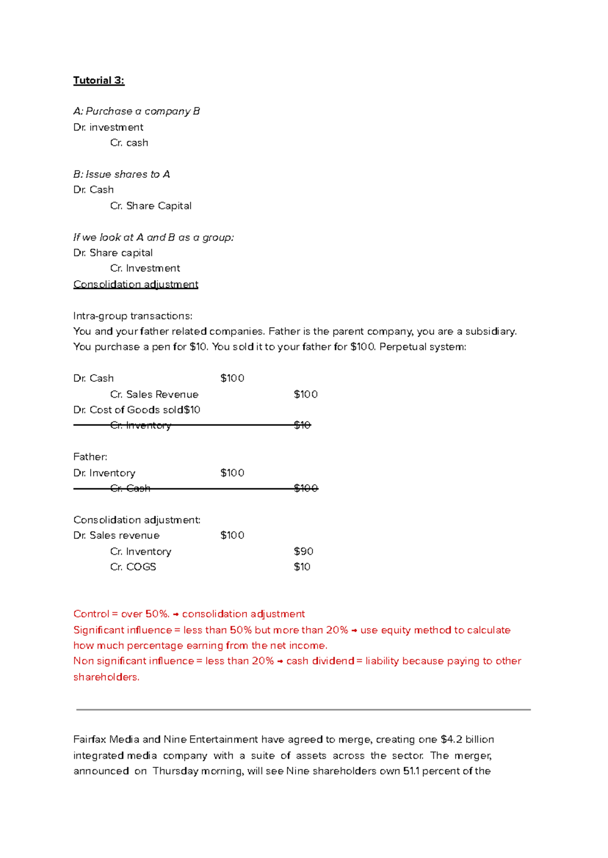 Tutorial 3 ABC - Tutorial 3: A: Purchase a company B Dr. investment Cr ...