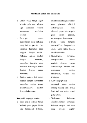 Klasifikasi Enzim dan Tata Nama - o Beberapa enzim memerlukan suatu ...