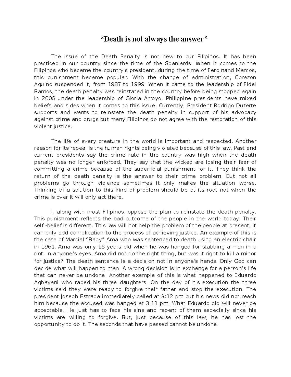 My stand about Death Penalty - “Death is not always the answer” The ...