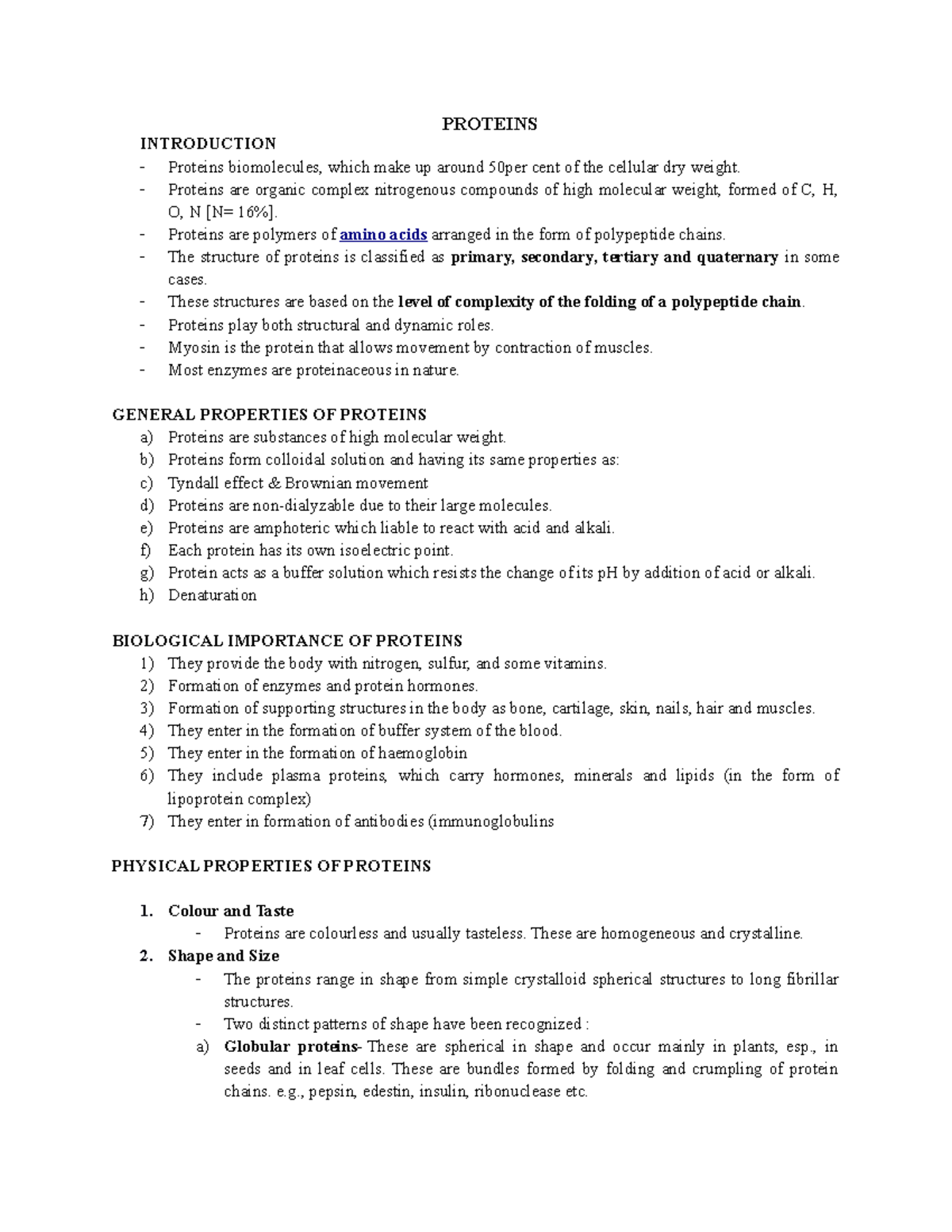 WEEK 6 (Proteins) - notes - PROTEINS INTRODUCTION Proteins biomolecules ...