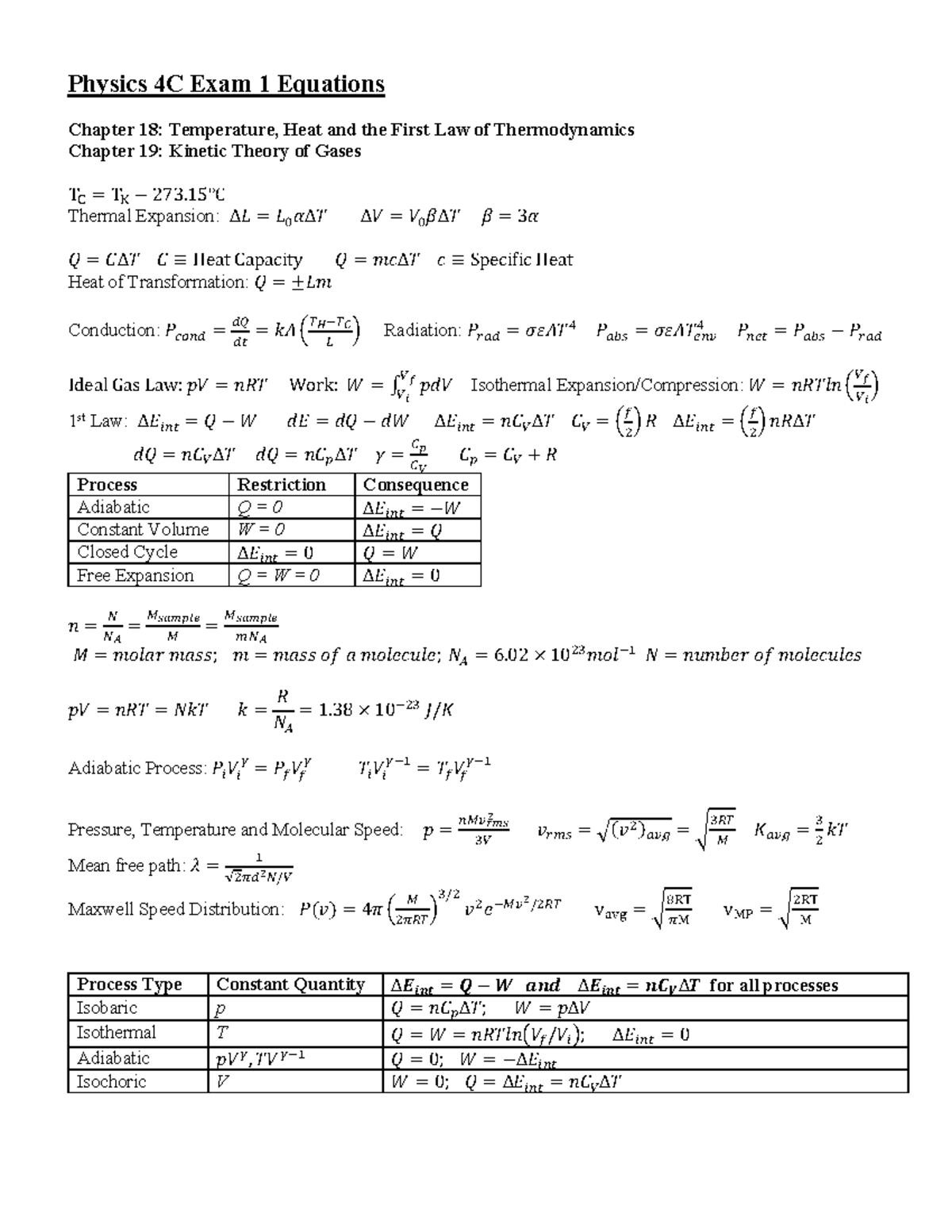 Physics 4C Exam 1 Equations - Physics 4C Exam 1 Equations Chapter 18 ...