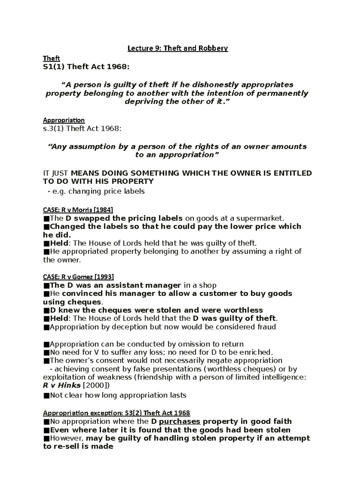 Lecture 9- Theft and Robbery notes - Lecture 9: Theft and Robbery Theft ...