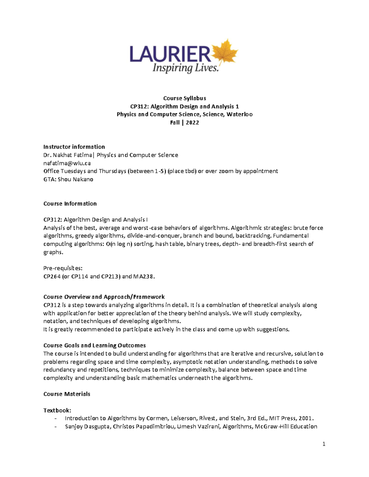 Cp312 Fall 2022 - Course Syllabus CP312: Algorithm Design and Analysis 1 Physics and Computer ...