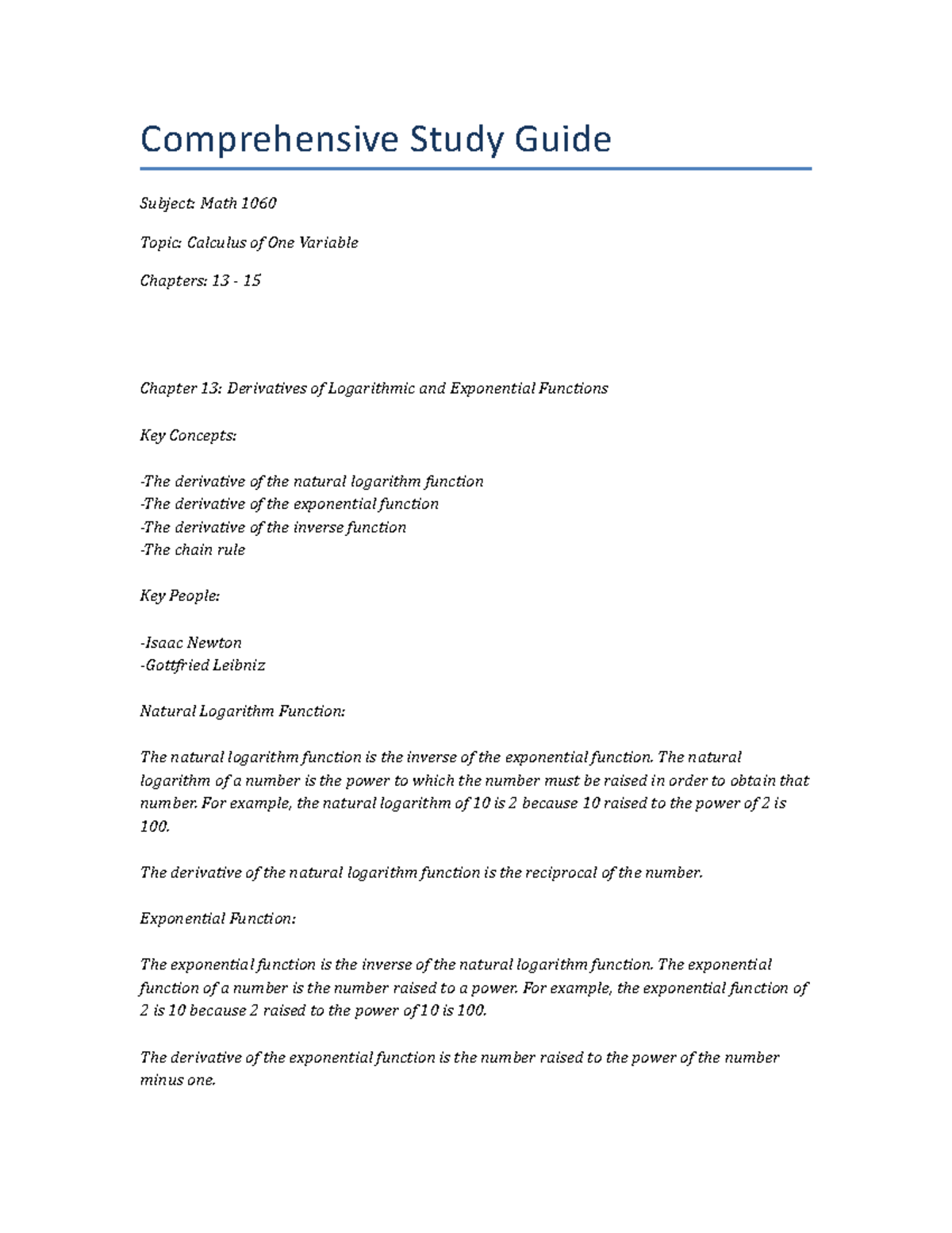 Clemson University Math 1060 Calculus of One Variable Chapters 13-15 ...