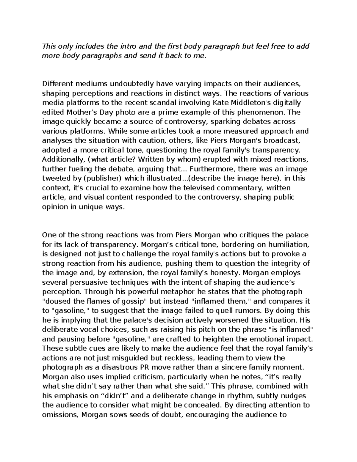 Example intro + body paragraph Y12EAL - This only includes the intro ...