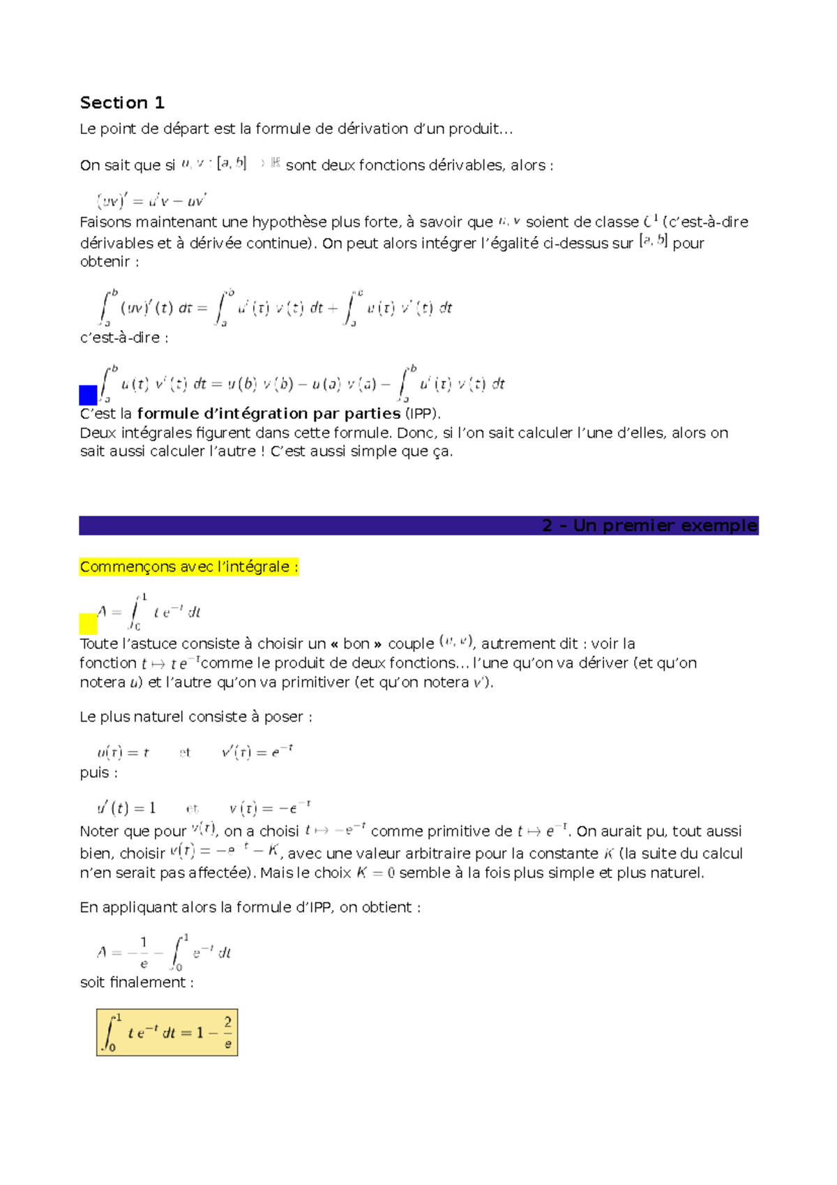 Intégration par parties - Section 1 Le point de départ est la formule ...